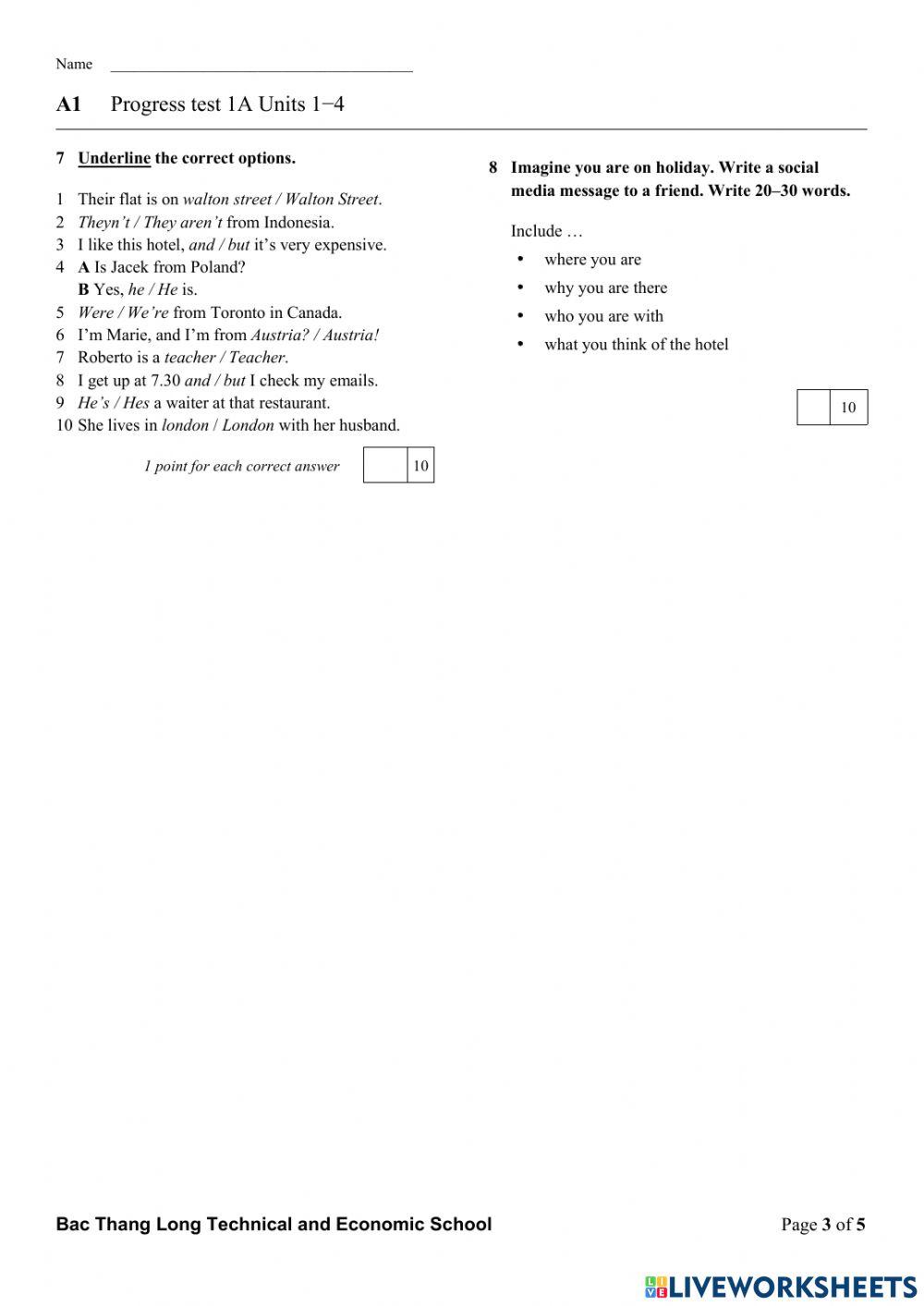 Navigate A1 Progress test 1 online exercise for | Live Worksheets