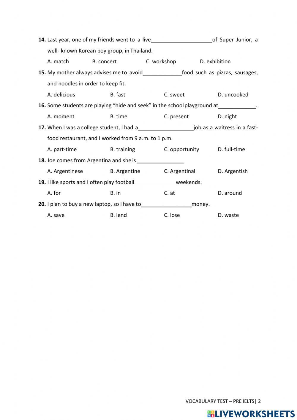 PRE - VOCAB TEST 1 online exercise for | Live Worksheets