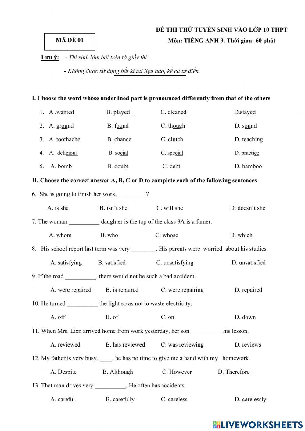 Entrance exam online worksheet | Live Worksheets