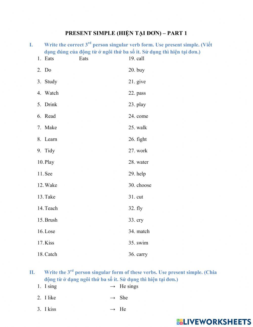 Present Simple - Part 1 worksheet | Live Worksheets