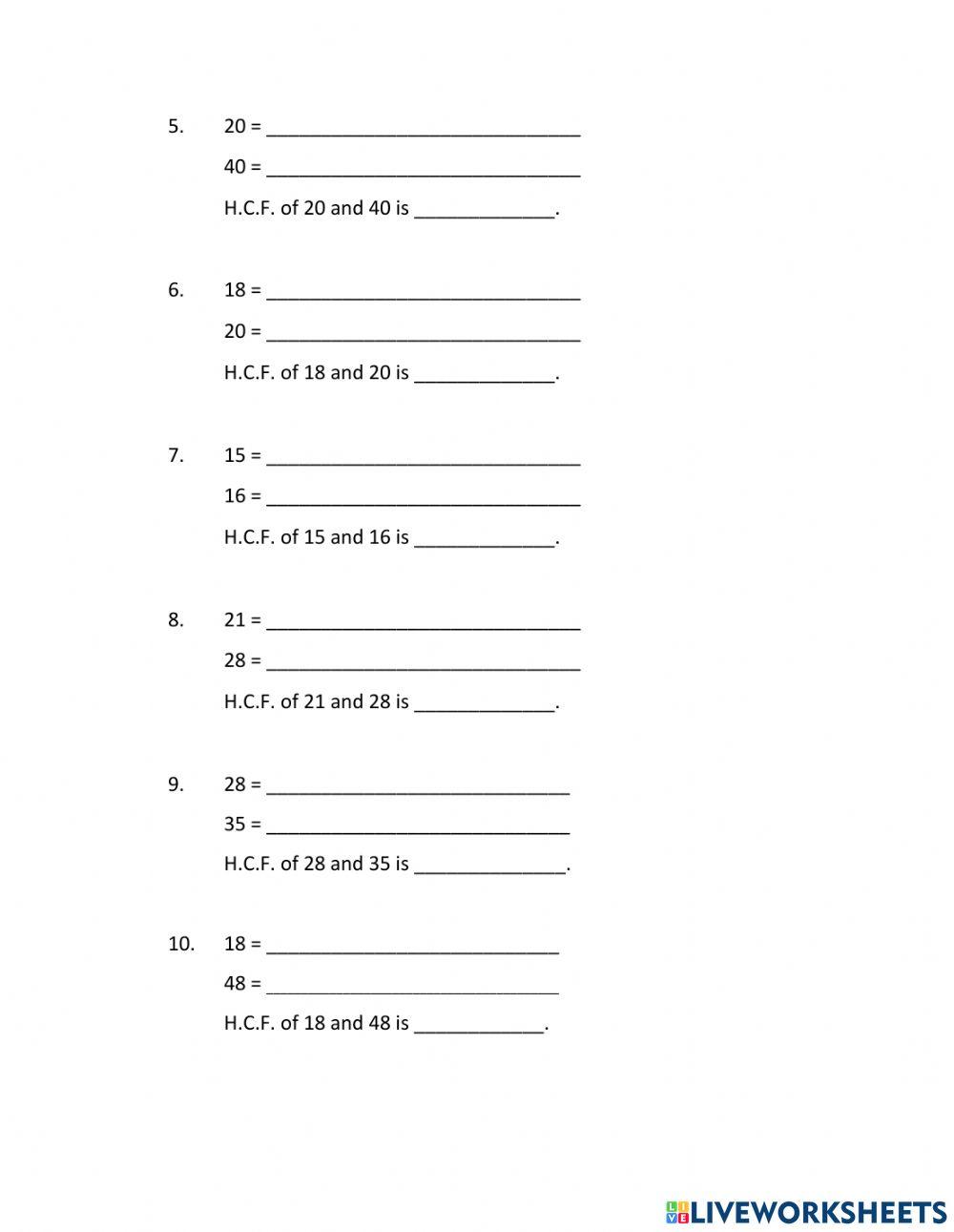Highest Common Factor | Live Worksheets