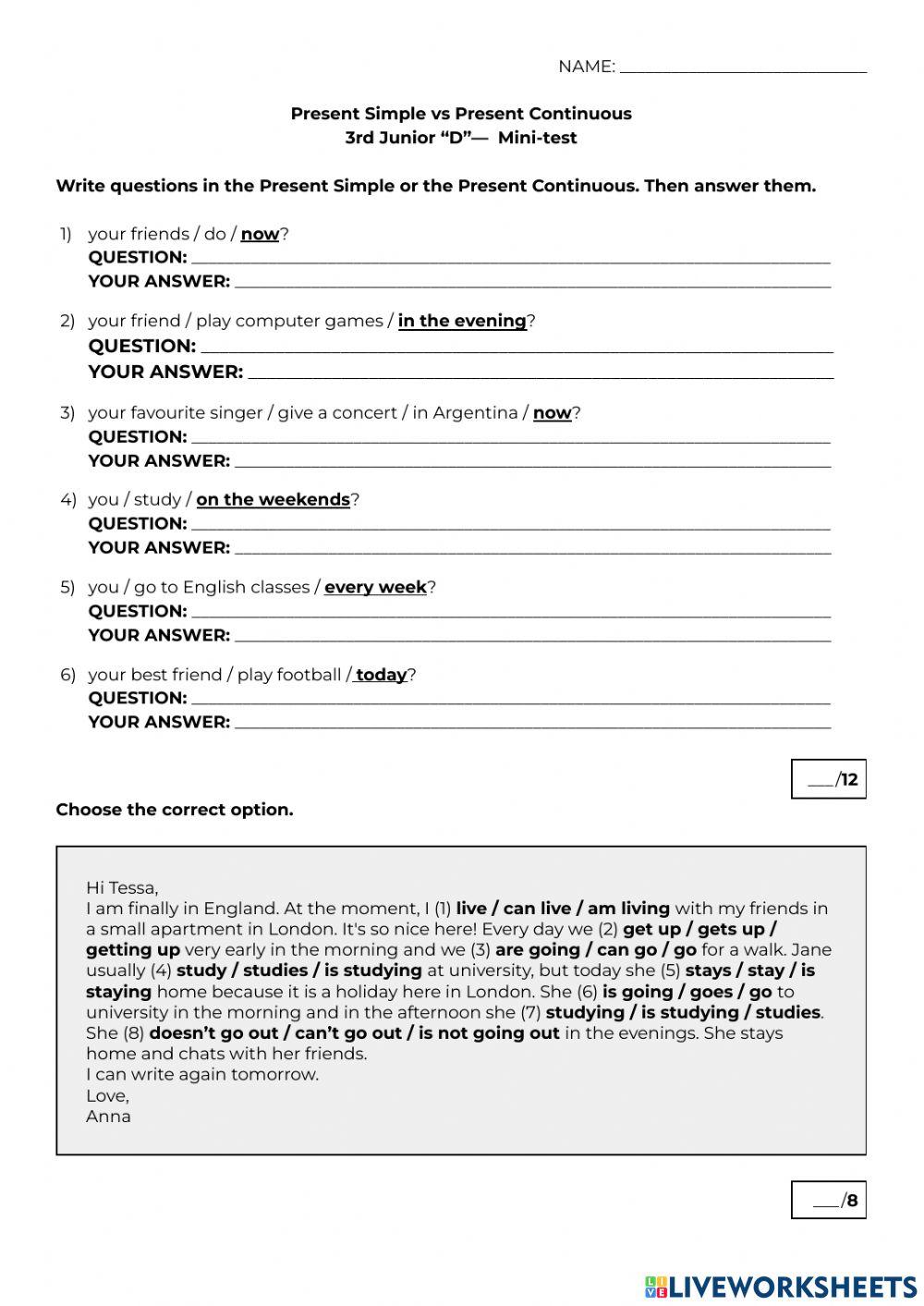 Present Simple vs Present Continuous Mini-test 1992307