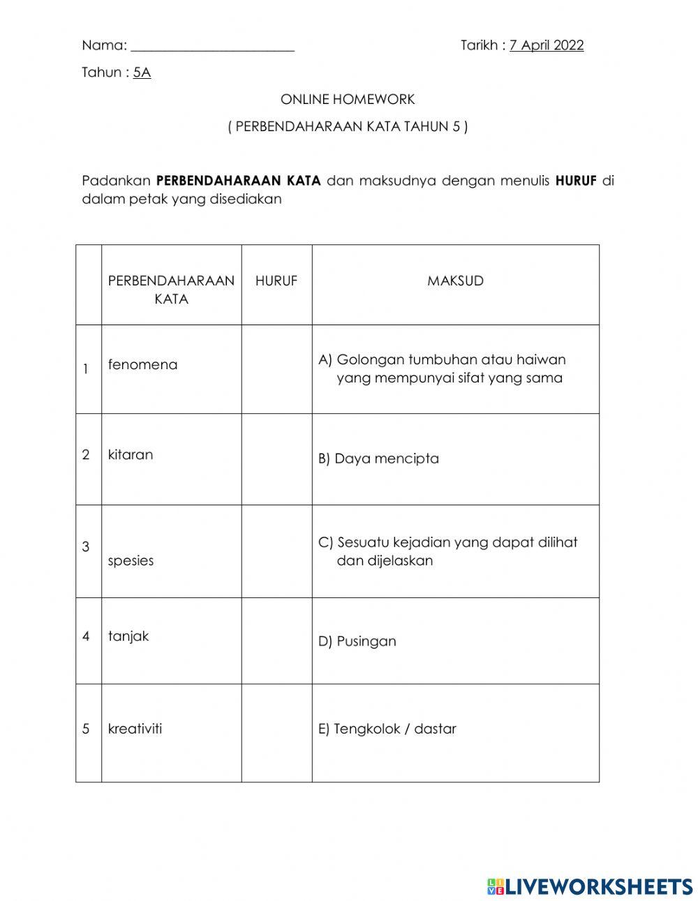 Perbendaharaan kata th 5A (3) worksheet | Live Worksheets
