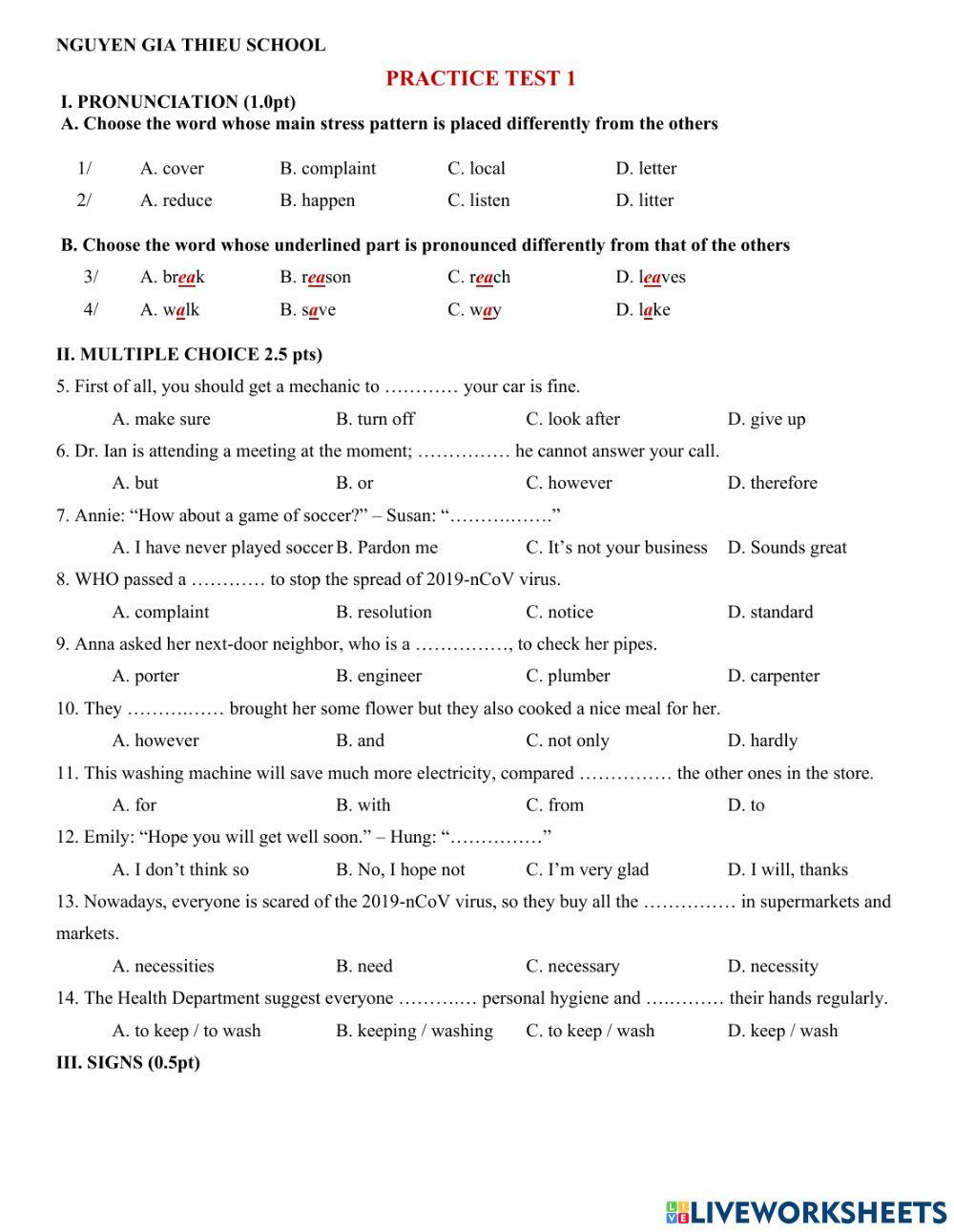 Practice Test 1 online exercise for GRADE 9 | Live Worksheets
