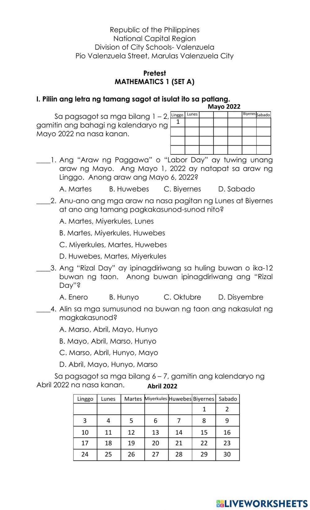 CPA-MATH 1-PRETEST-A online exercise for | Live Worksheets