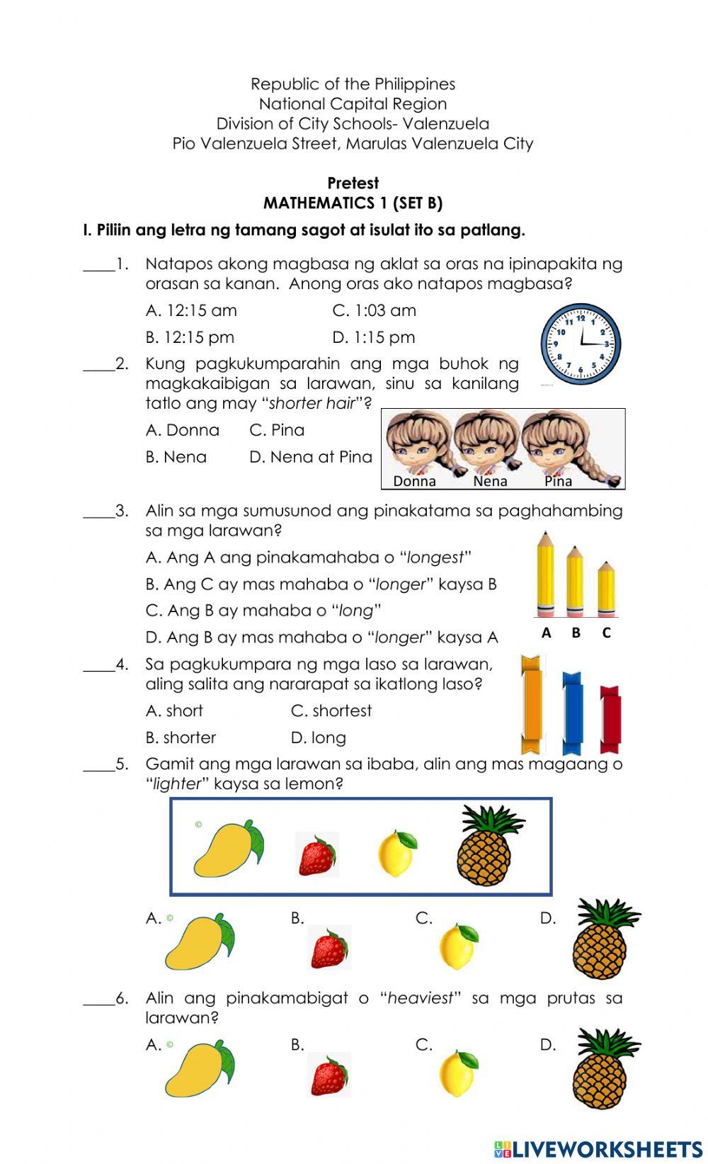 CPA-MATH 1-PRETEST-B online exercise for | Live Worksheets