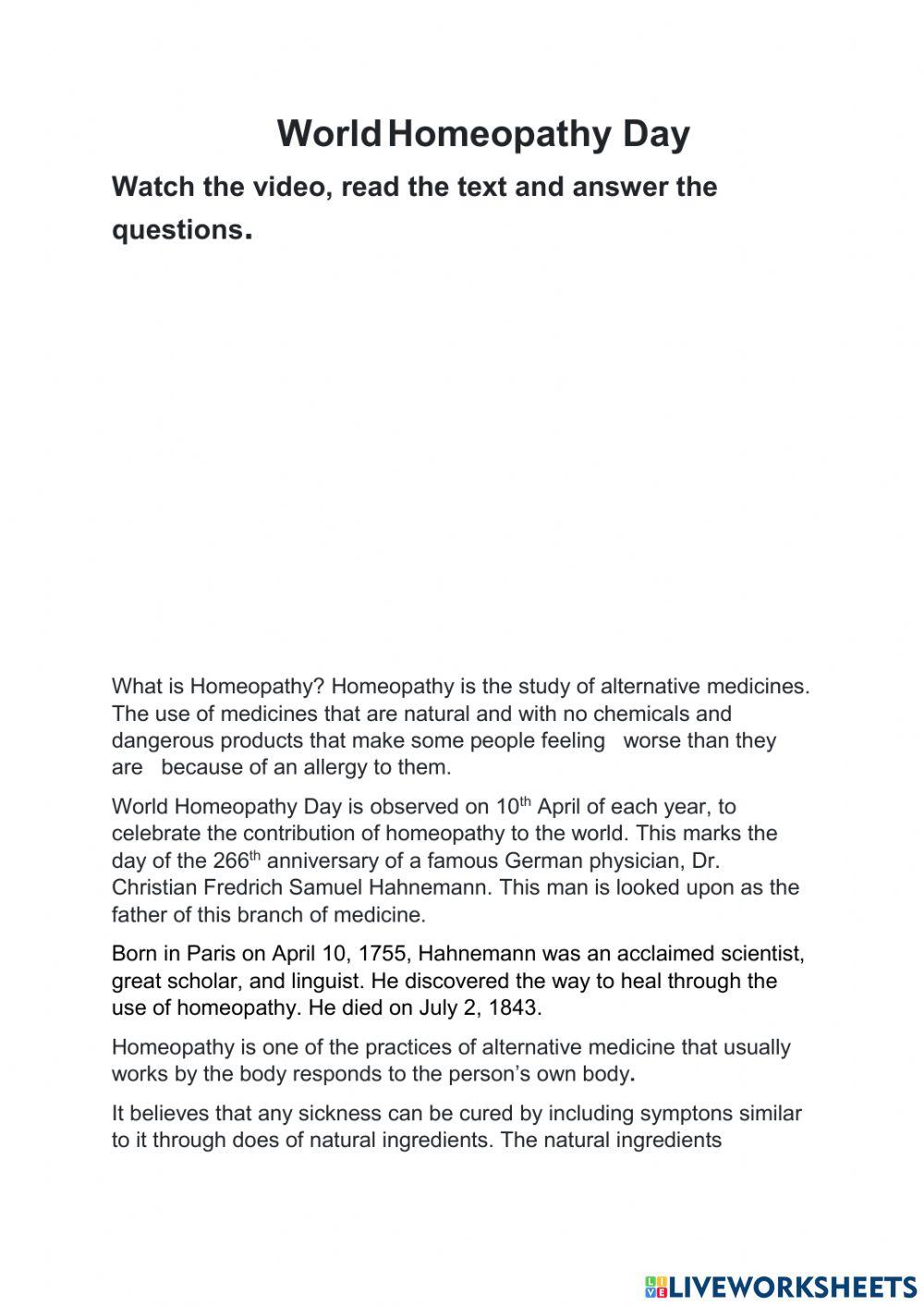 World Homeopathy Day worksheet | Live Worksheets