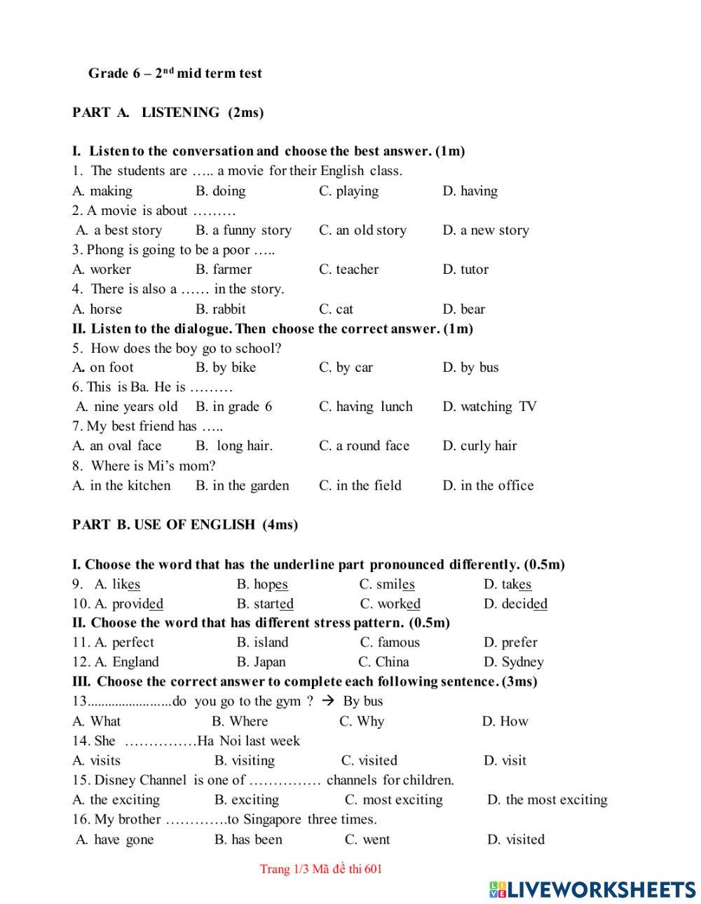 Test online exercise for 6 | Live Worksheets