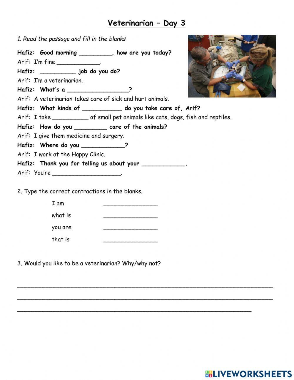 Veterinarian – Day 3 worksheet | Live Worksheets
