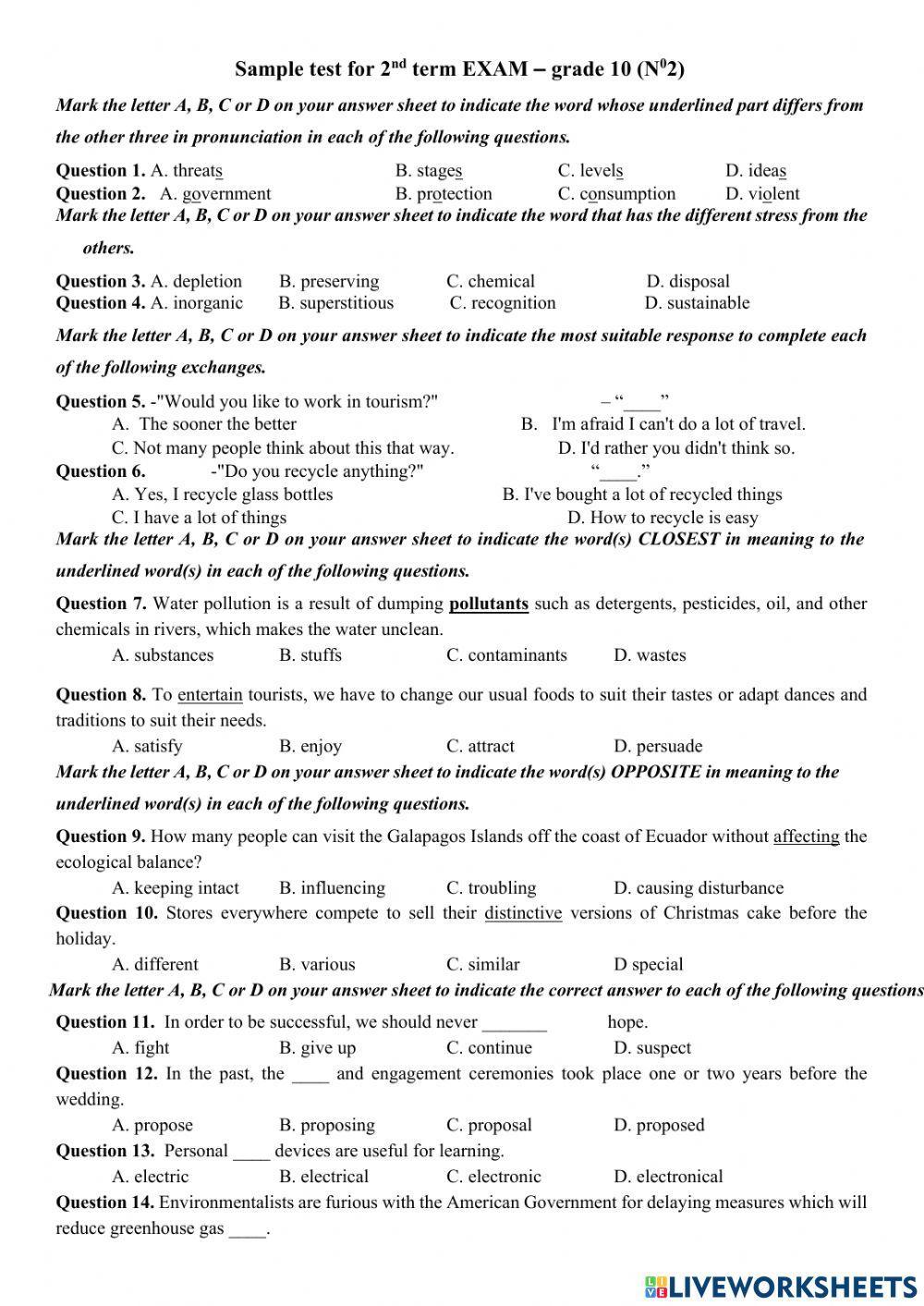 Sample test for 2nd term EXAM – grade 10 (N02) worksheet | Live Worksheets