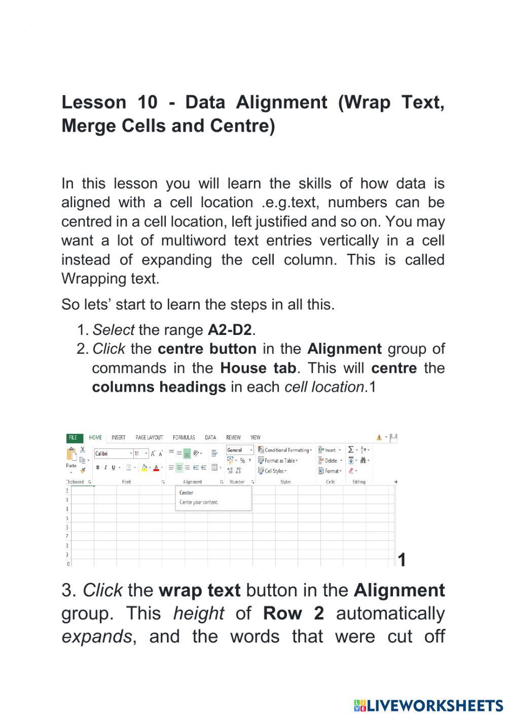Lesson 10 Data Alignment Wrap Centre and Merge Cells worksheet | Live Worksheets
