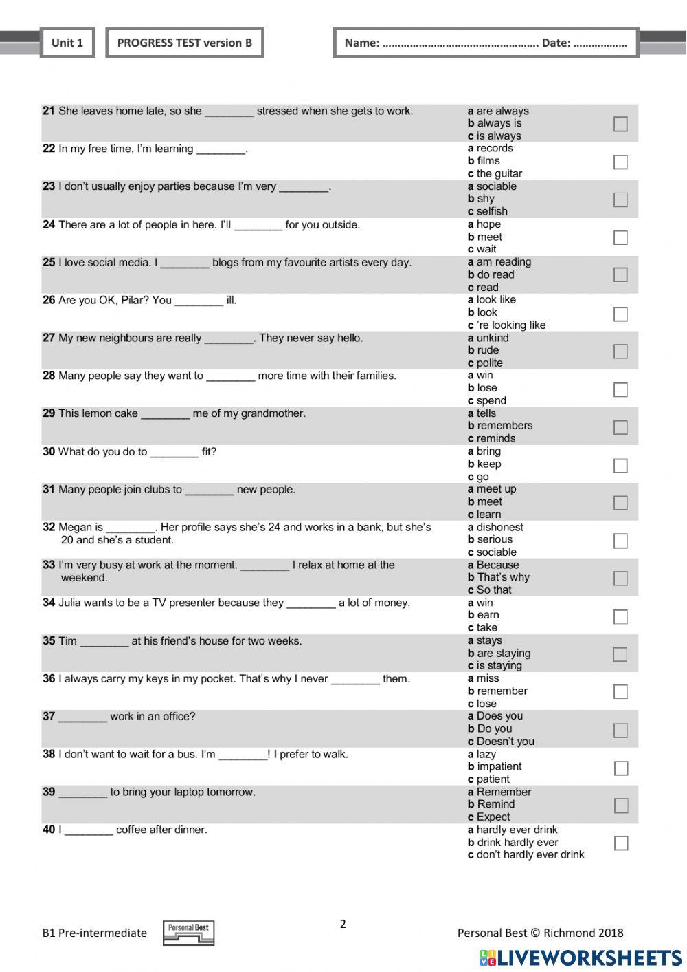 PERSONAL BEST B1 TEST UNIT 1 6862766 | CLAUDIA TOURNIER