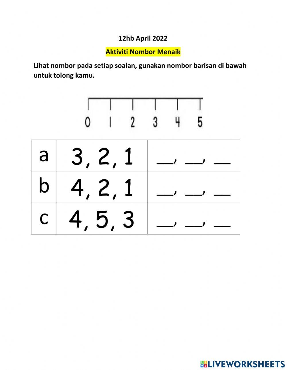 Nombor menaik (1 hingga 5) worksheet | Live Worksheets