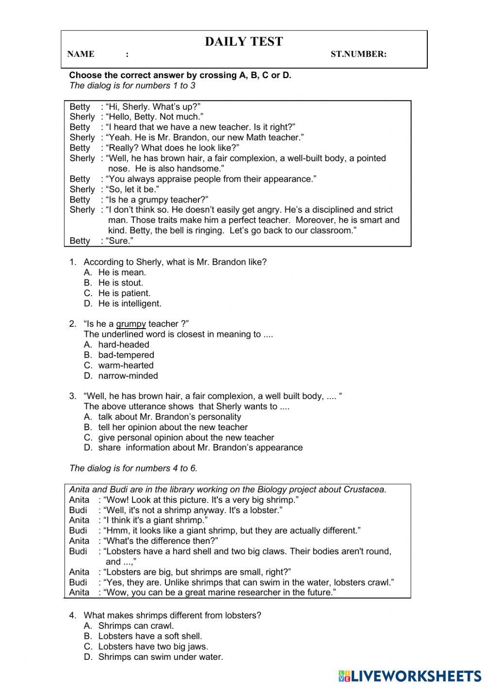 Daily Test Descriptive Text online exercise for | Live Worksheets