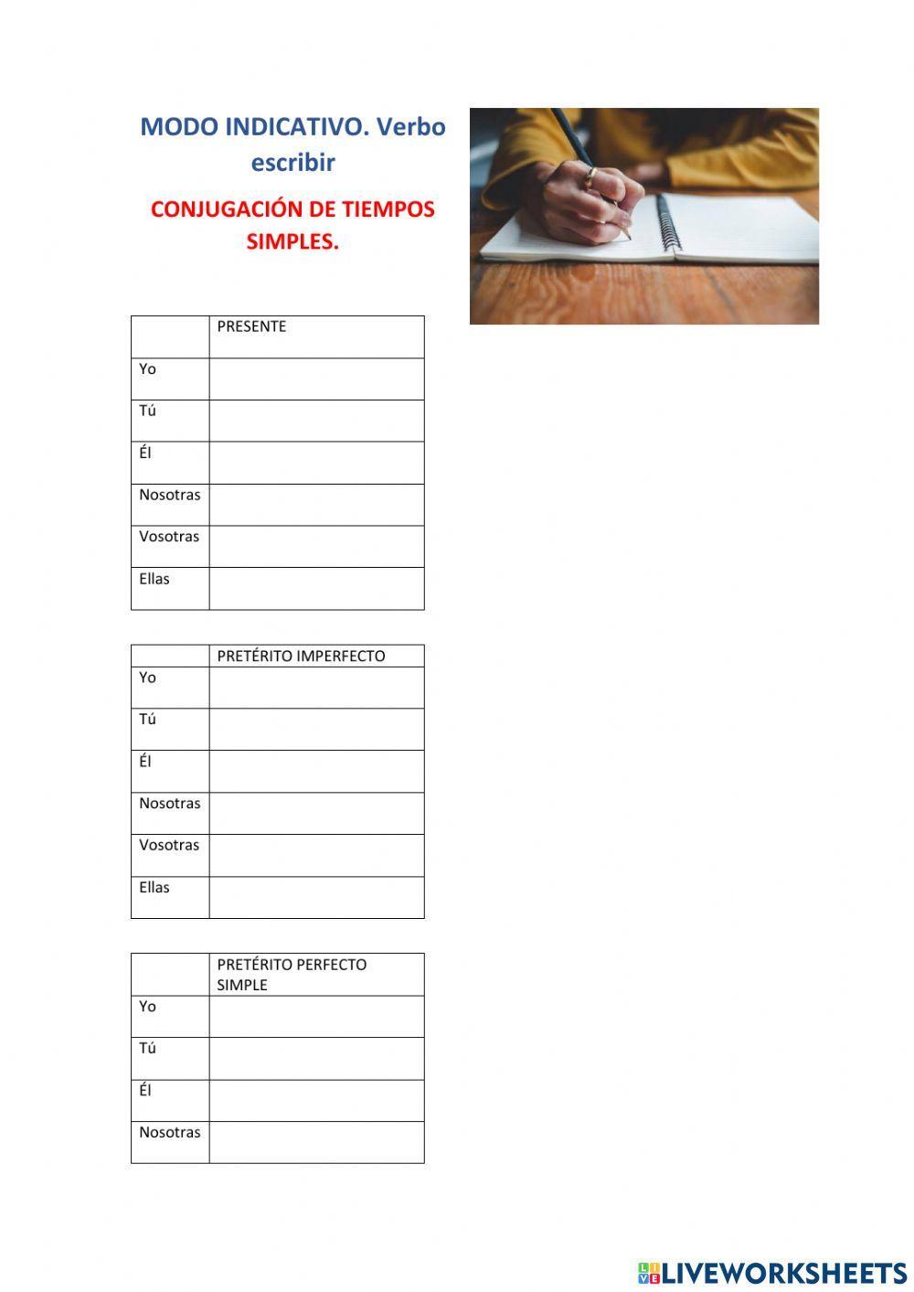 3ª conjugación tiempos simples verbo escribir worksheet | Live Worksheets