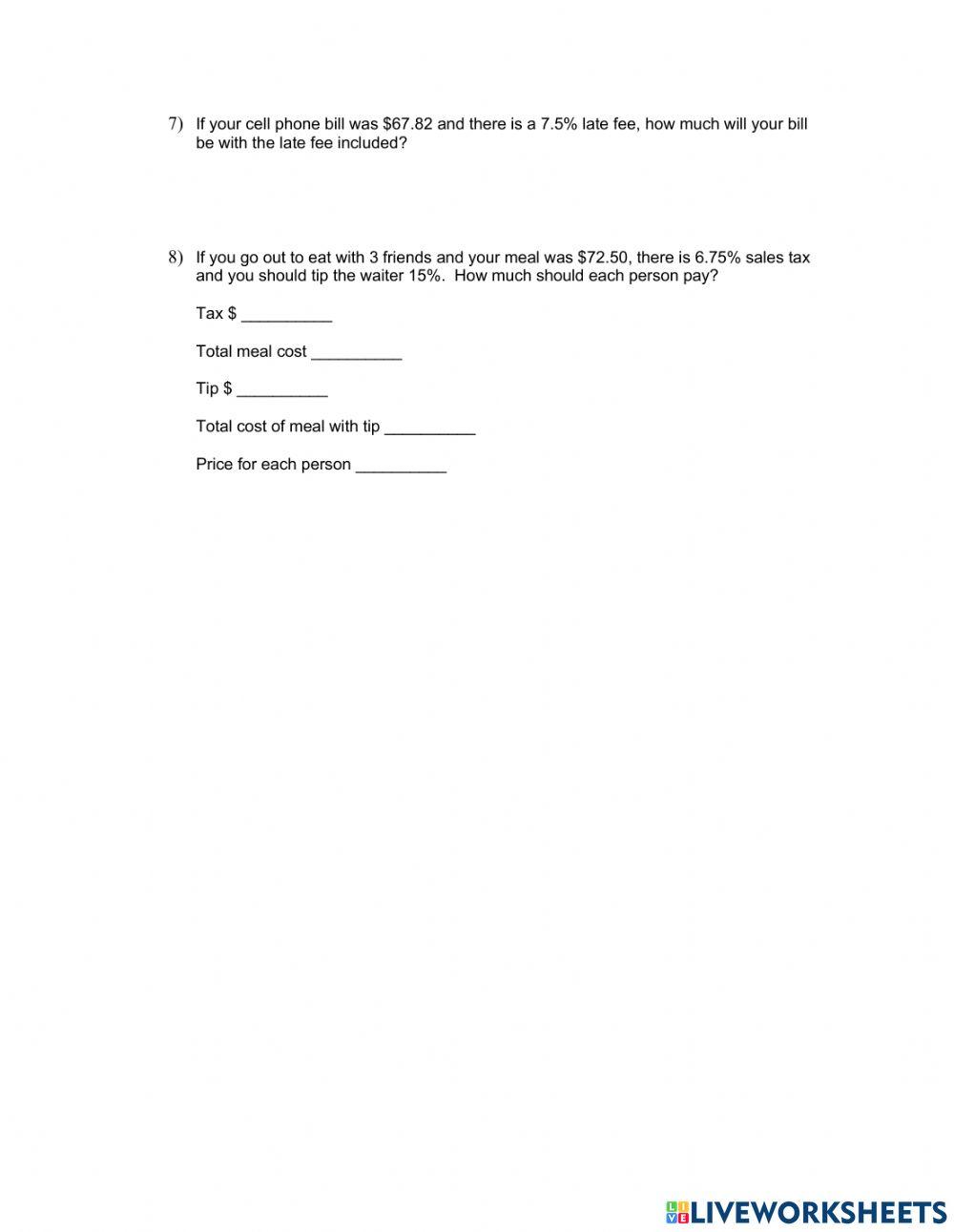 Sales Tax Discount 2 online exercise for | Live Worksheets