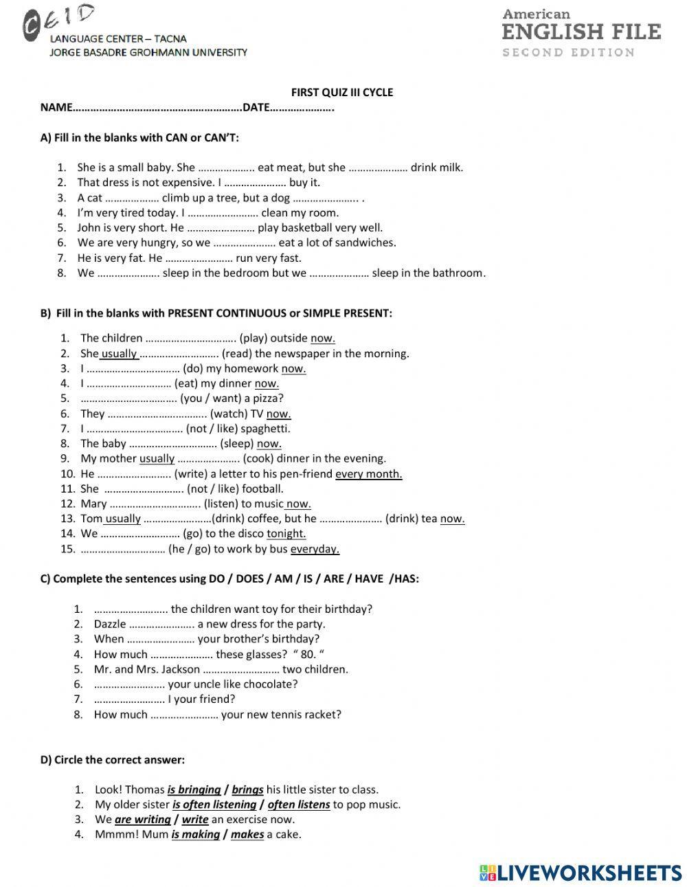 First quiz iii cycle worksheet | Live Worksheets