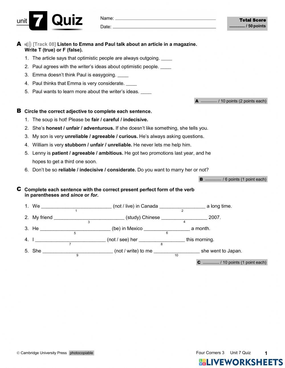 UNIT 7: PERSONALITIES + PRESENT PERFECT online exercise for | Live Worksheets