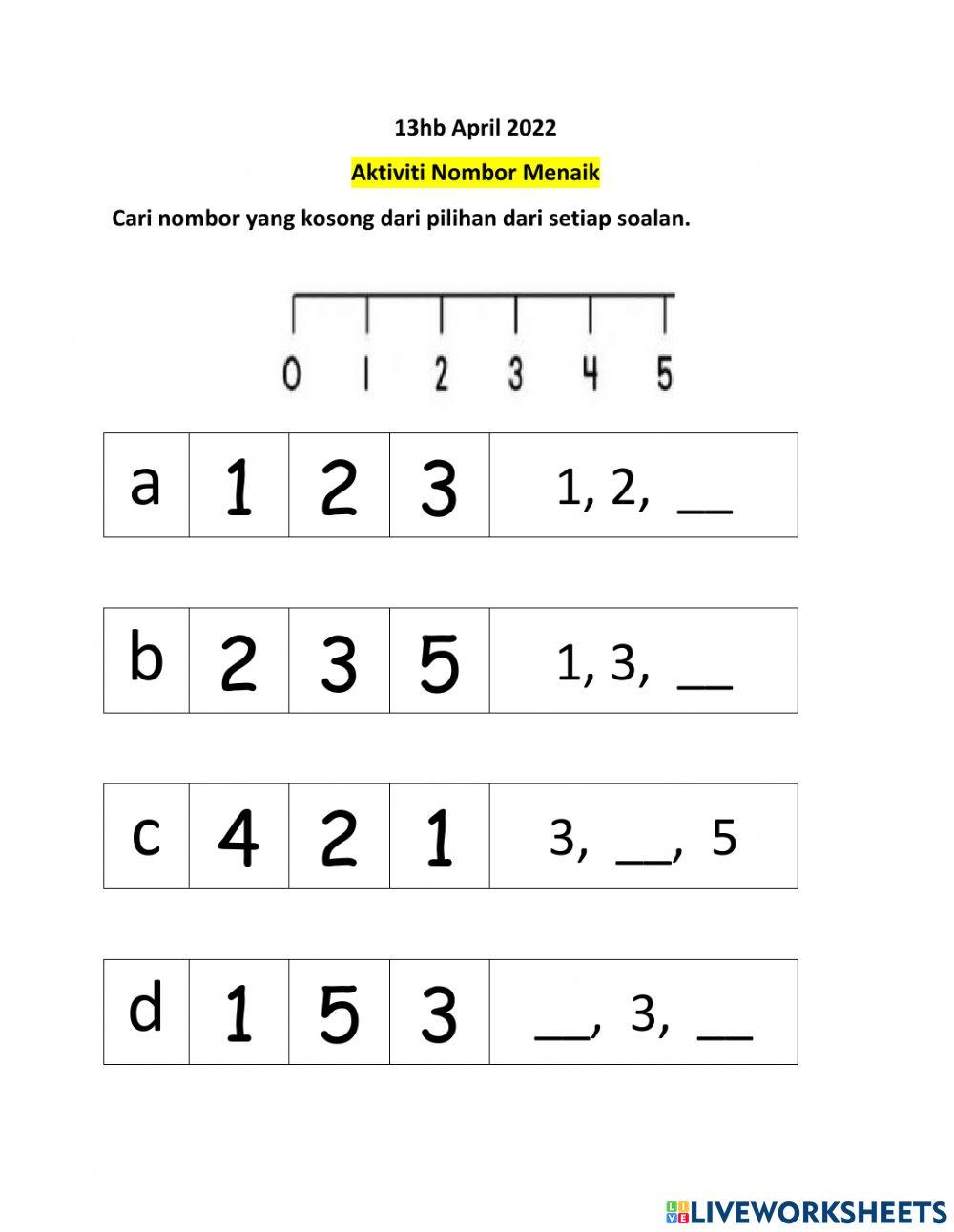 Nombor menaik (1 hingga 5) interactive worksheet | Live Worksheets
