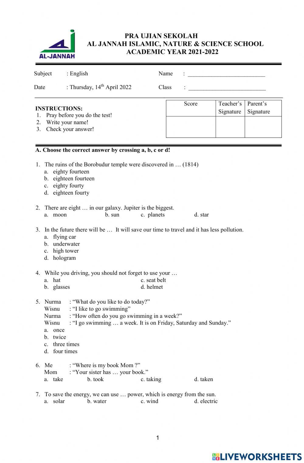 Pra us bahasa inggris worksheet | Live Worksheets