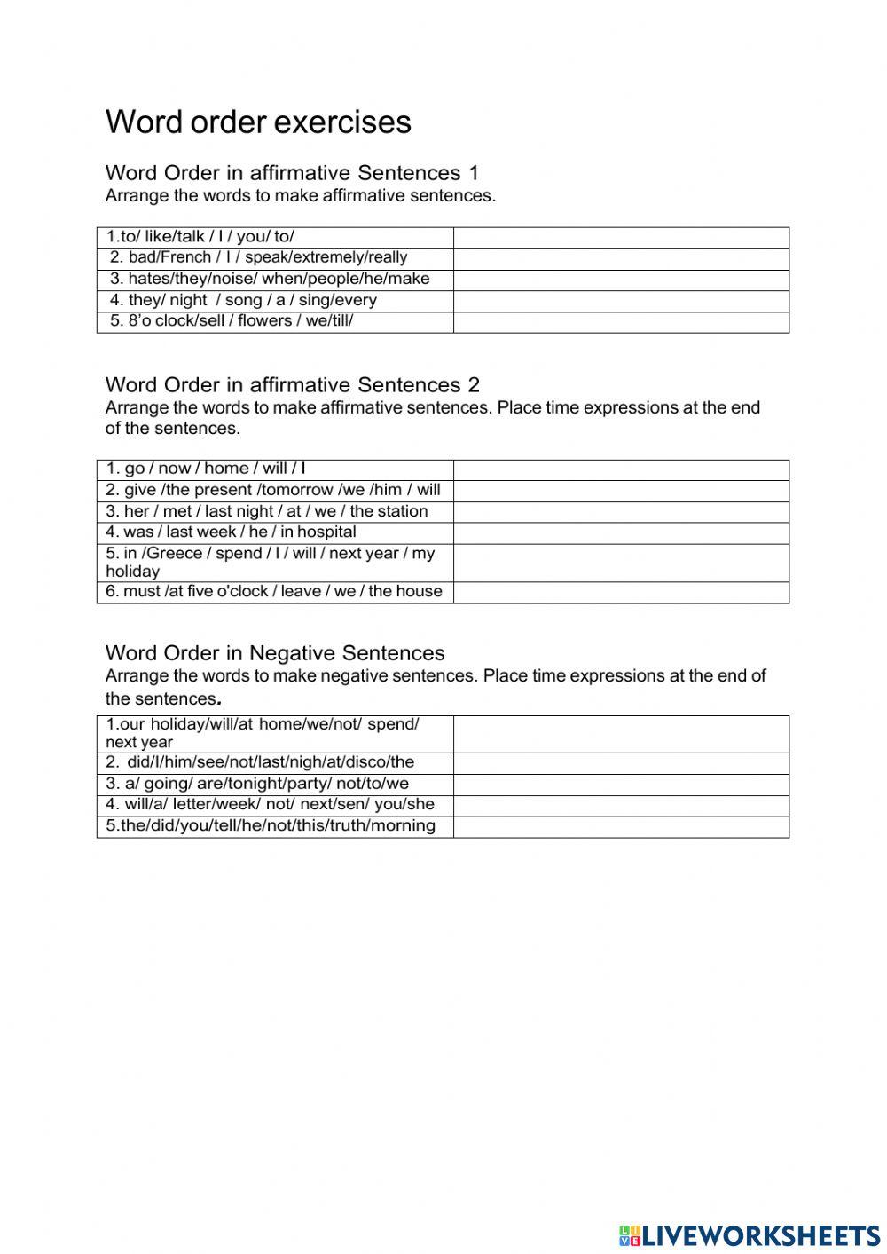 Word Order week 15 online exercise for | Live Worksheets