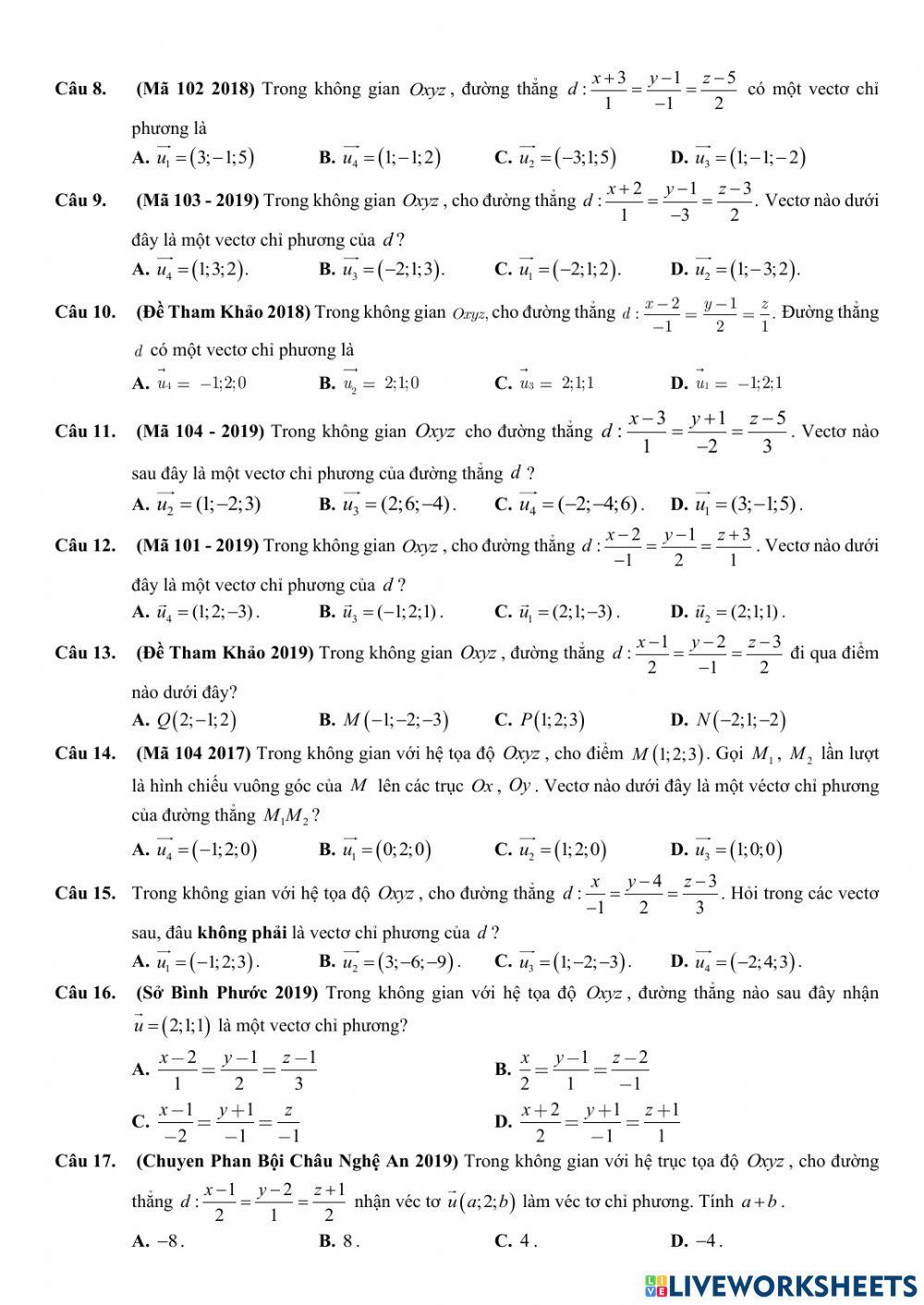 Dạng 1 Tìm vec tơ chỉ phương của đường thẳng worksheet | Live Worksheets