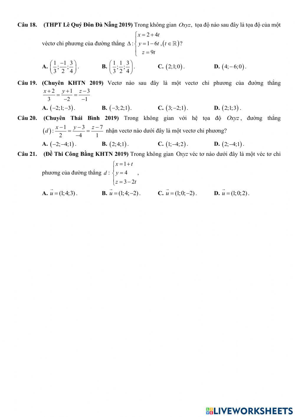 Dạng 1 Tìm vec tơ chỉ phương của đường thẳng worksheet | Live Worksheets