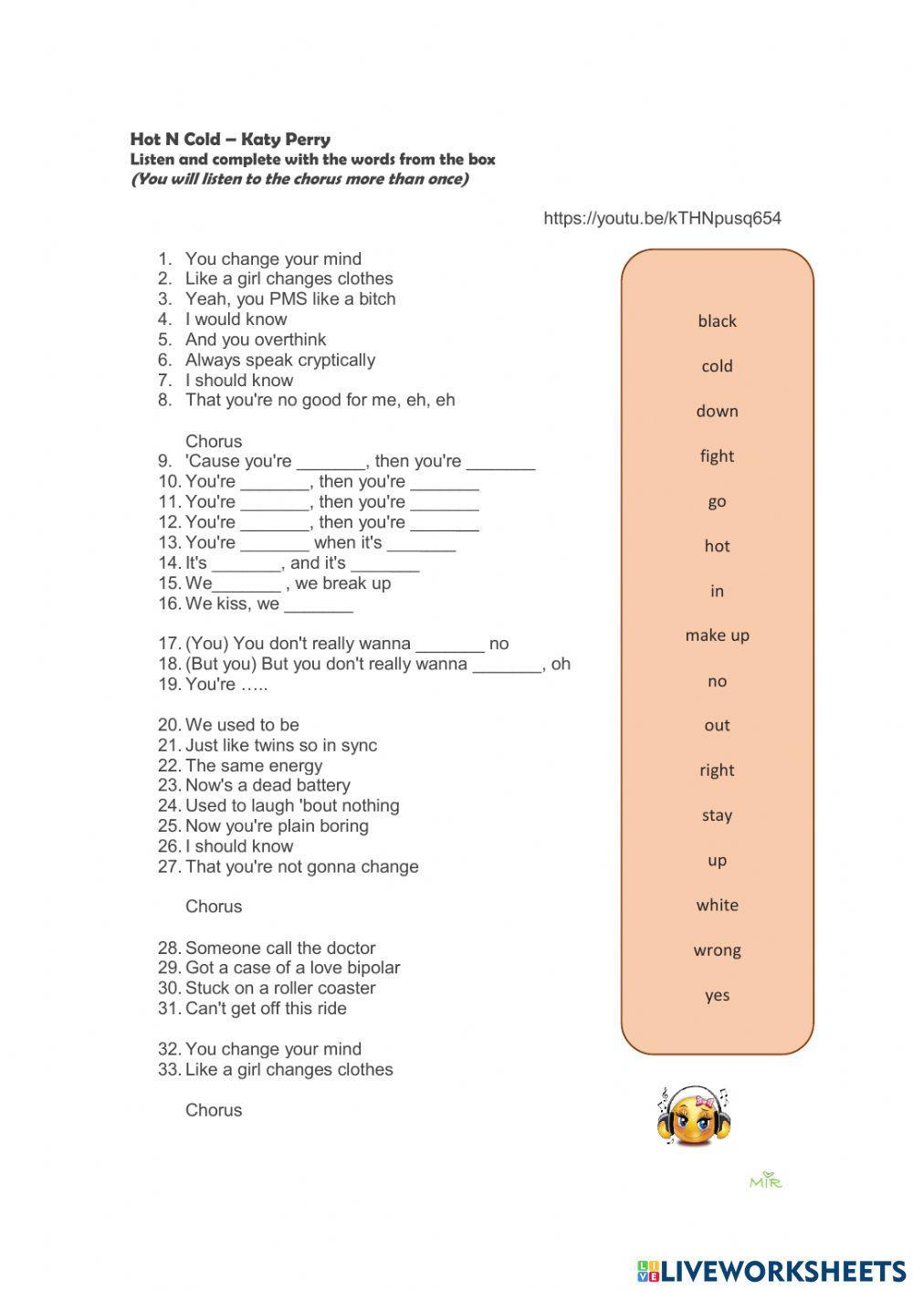 Song: Hot N Cold worksheet | Live Worksheets
