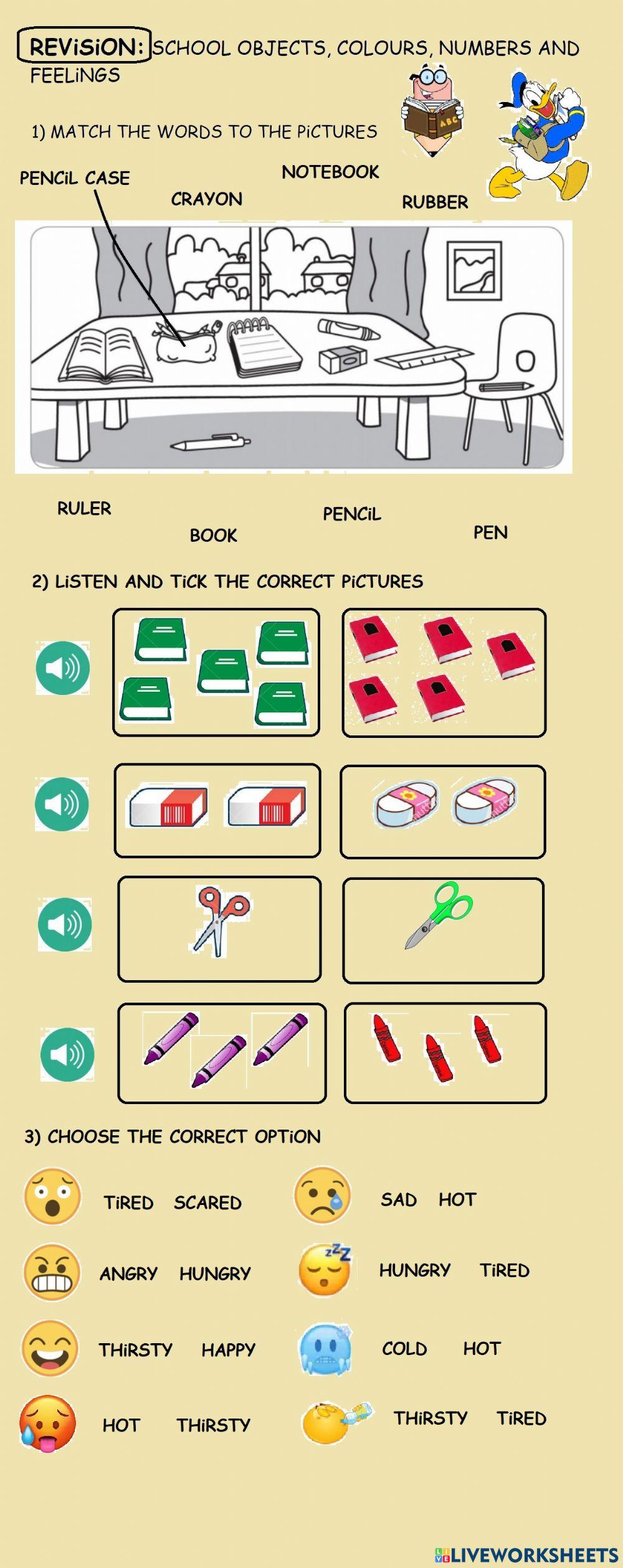 Revision: numbers, colours, school objects and feelings online exercise ...