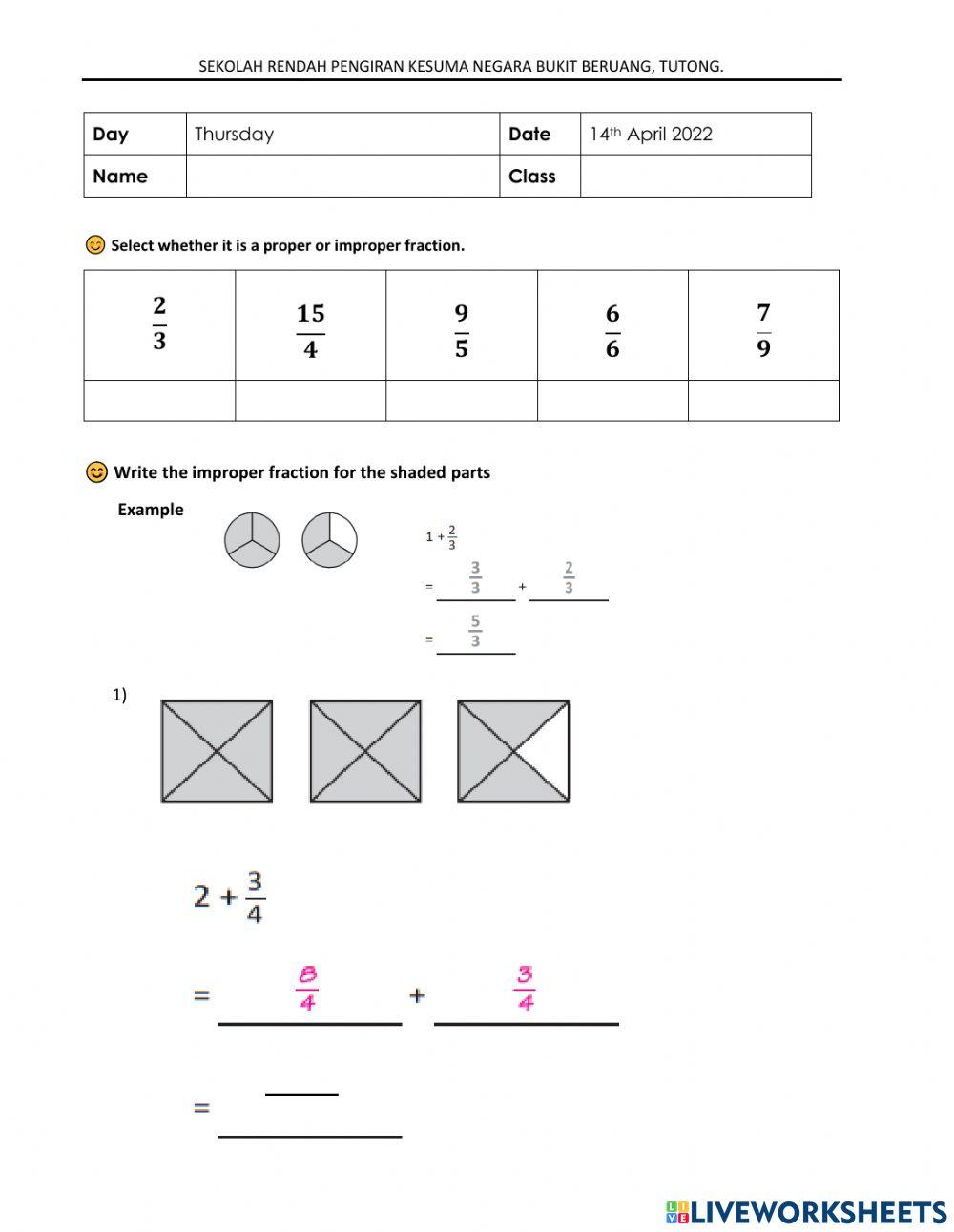 PROPER AND IMPROPER FRACTION (GROUP B - E) online exercise for | Live ...