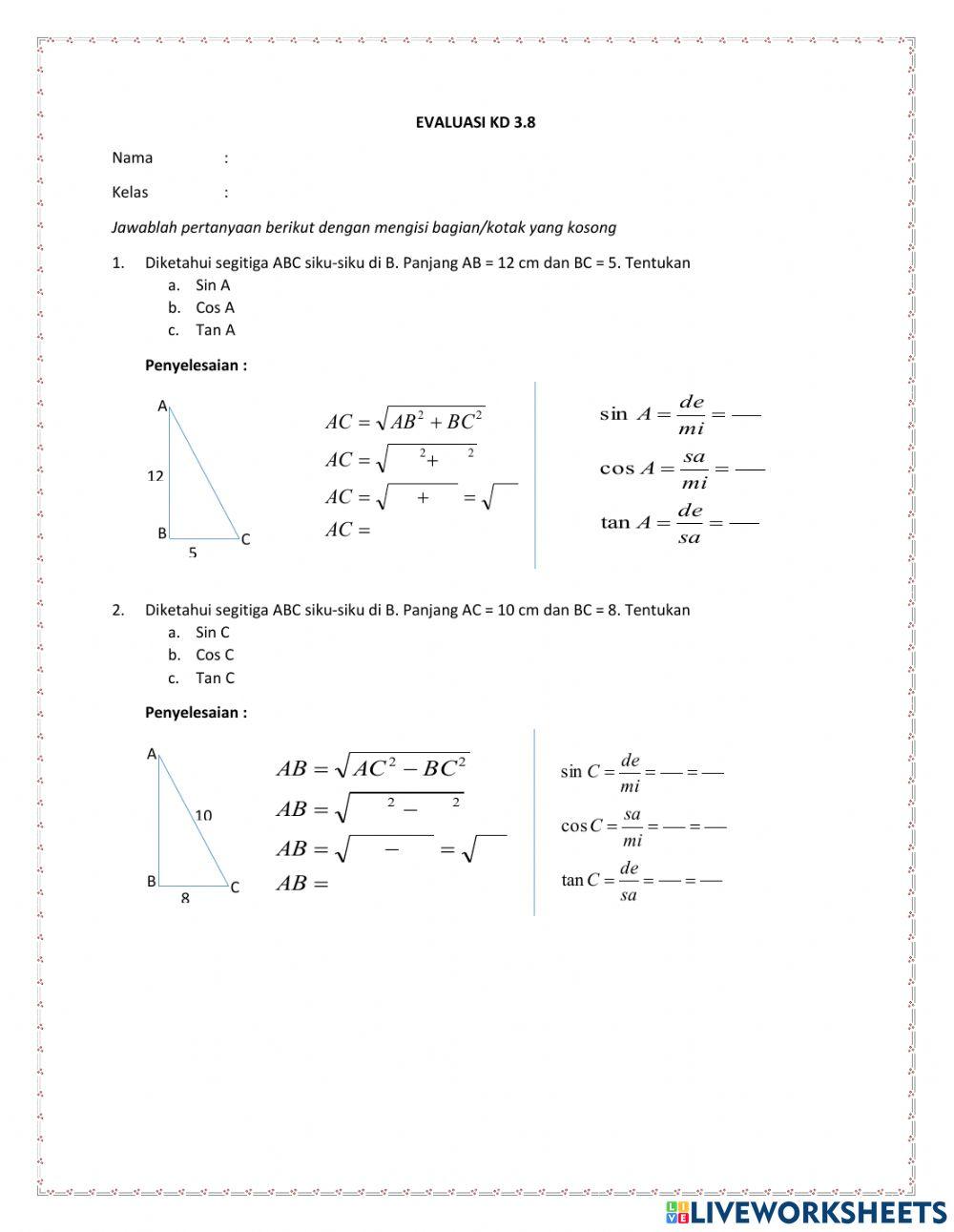 Perbandingan Trigonometri pada Segitiga Siku-Siku online worksheet ...