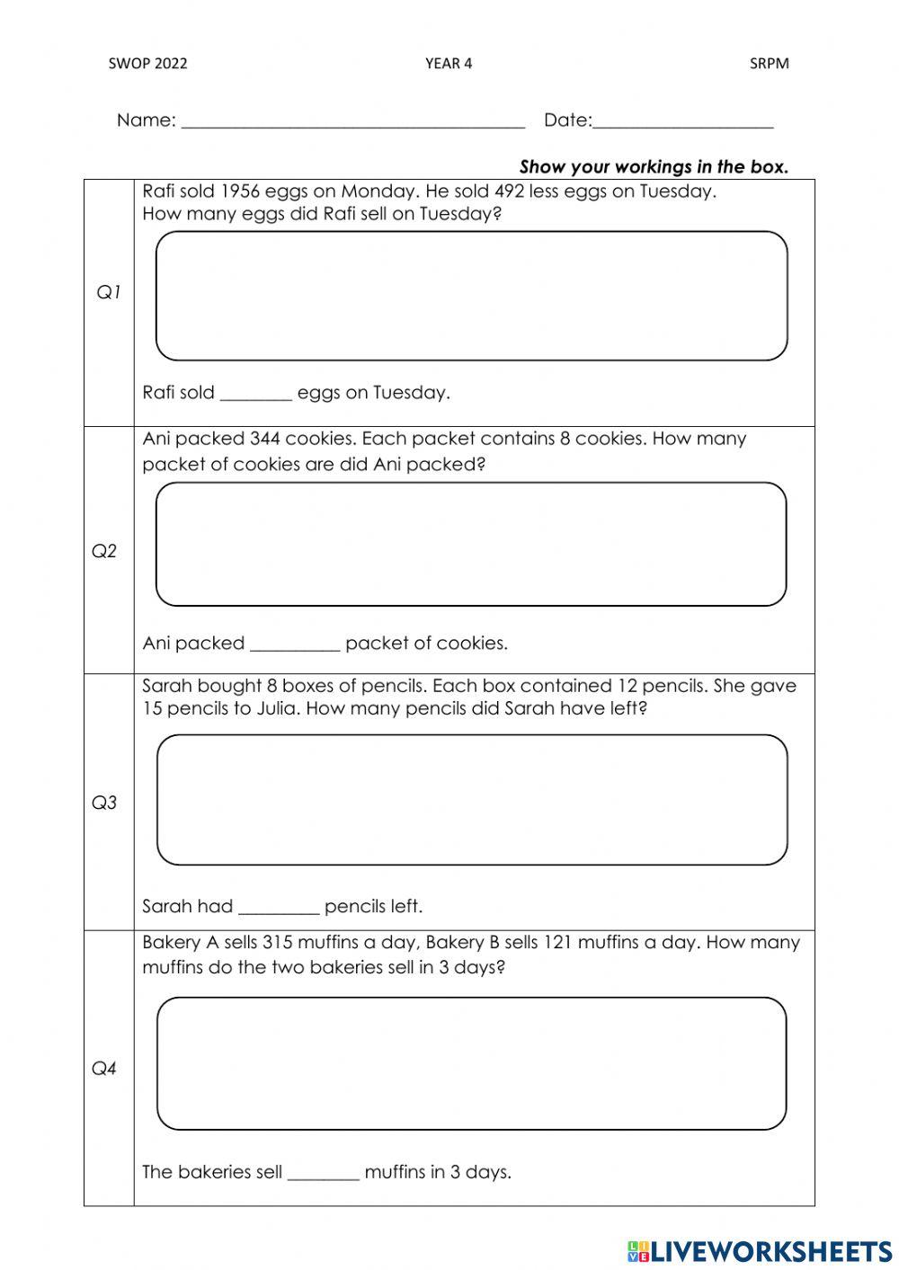 SWOP YEAR 4 online exercise for | Live Worksheets