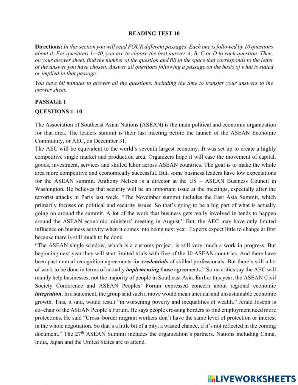 Reading test 10 part 1-3 online exercise for | Live Worksheets