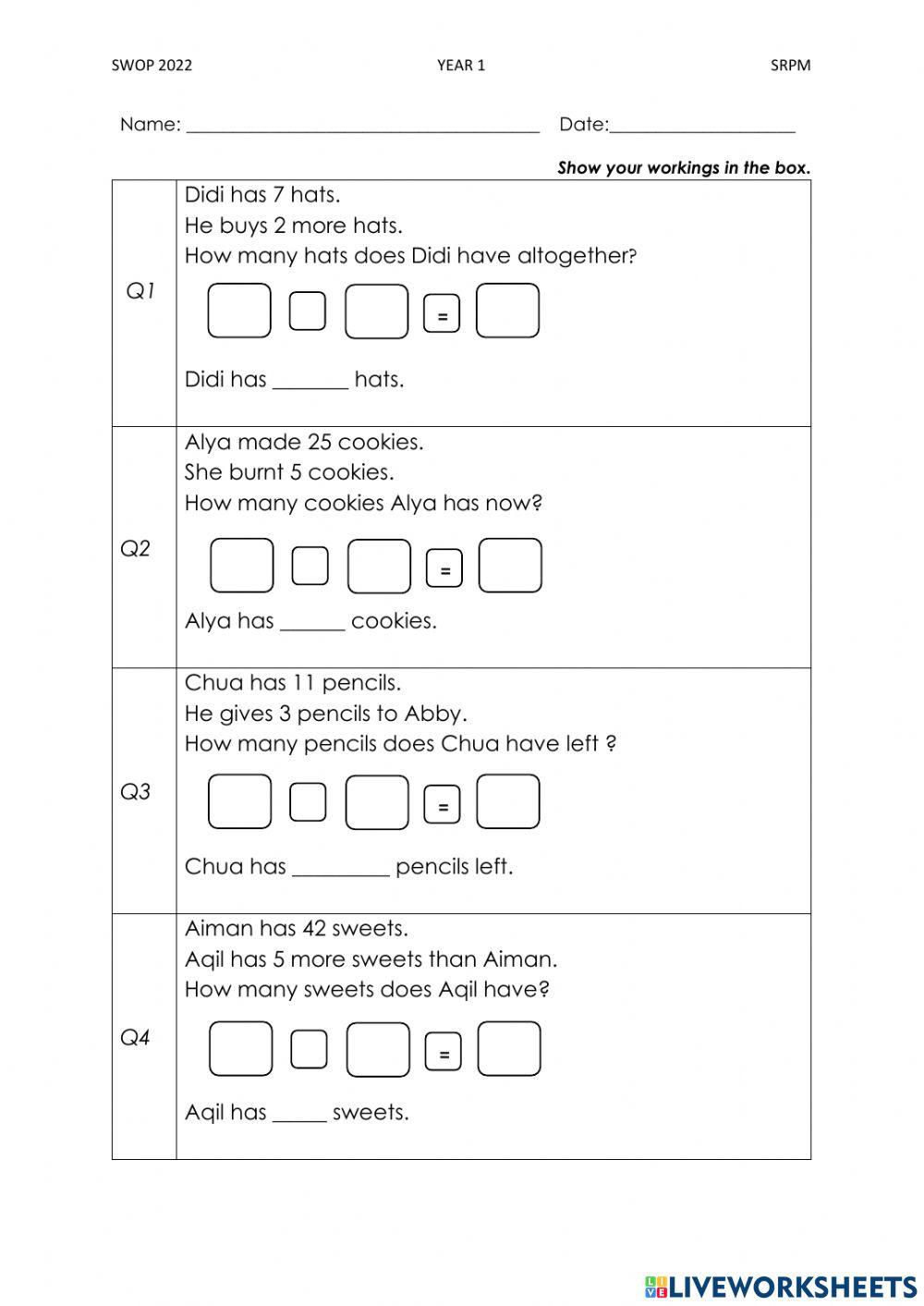 SWOP YEAR 1 online exercise for | Live Worksheets