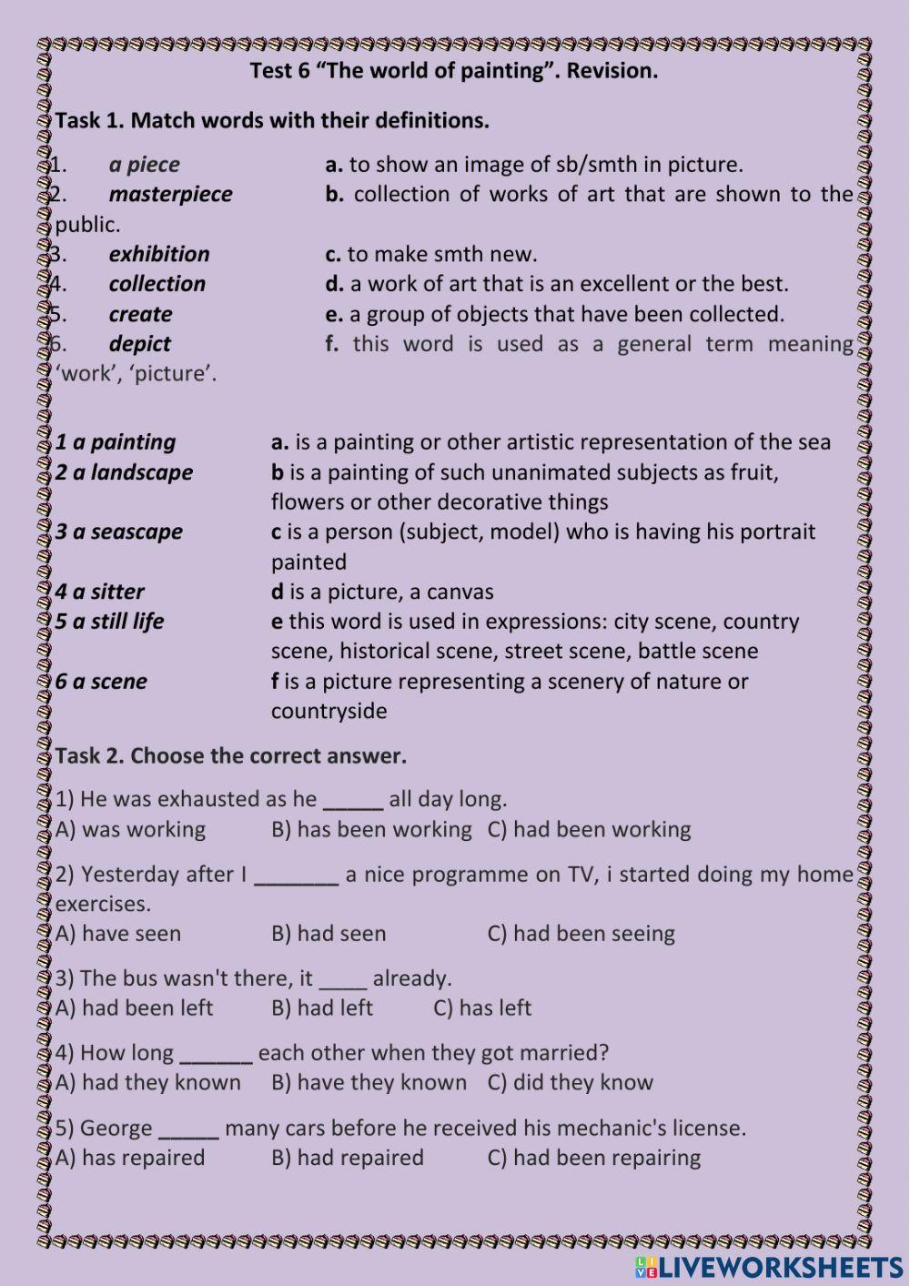 Art interactive worksheet for 10 | Live Worksheets