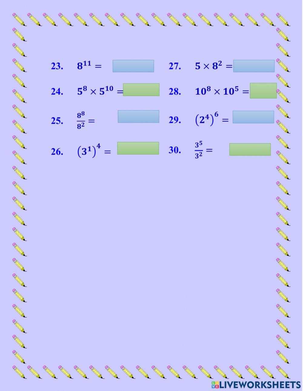 Ejercicios de Potenciaciòn exercise | Live Worksheets