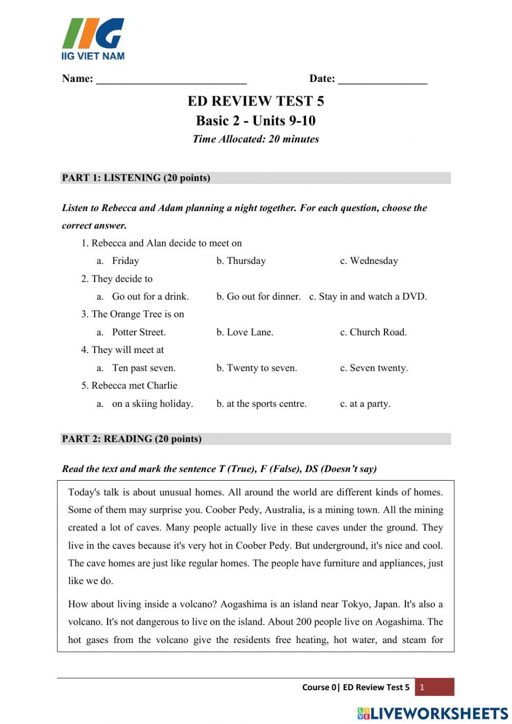Course 0-ED Review Test 5 2830462 | quyttk0509 | Live