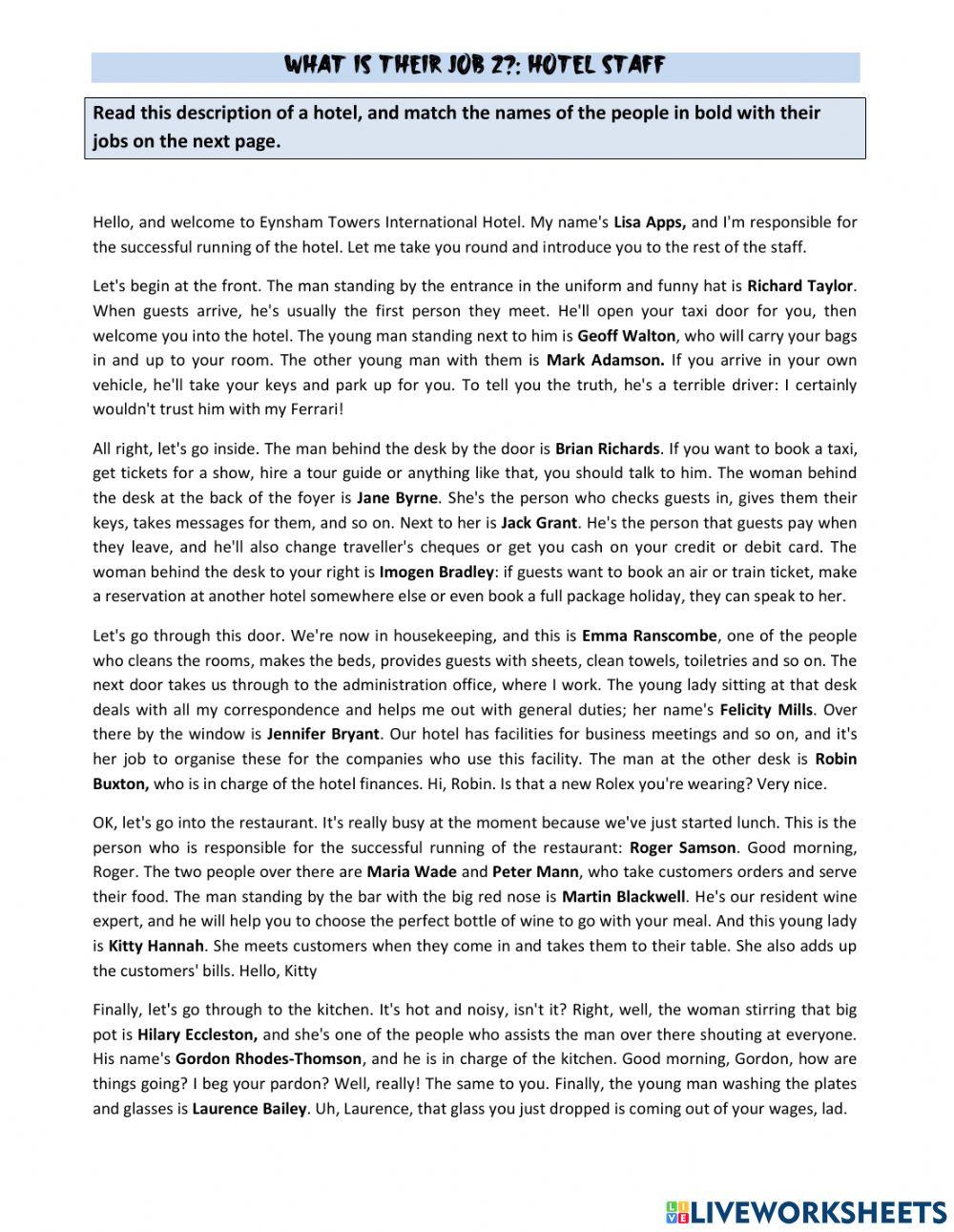 Jobs: Hotel staff 1998140 | SLVNCPR | LiveWorksheets