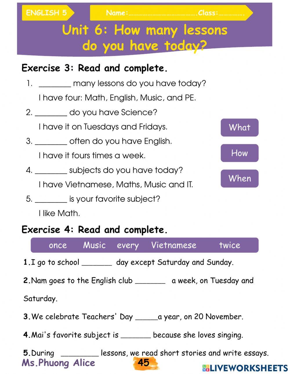 E5-U6-How many lessons do you have today? worksheet | Live Worksheets