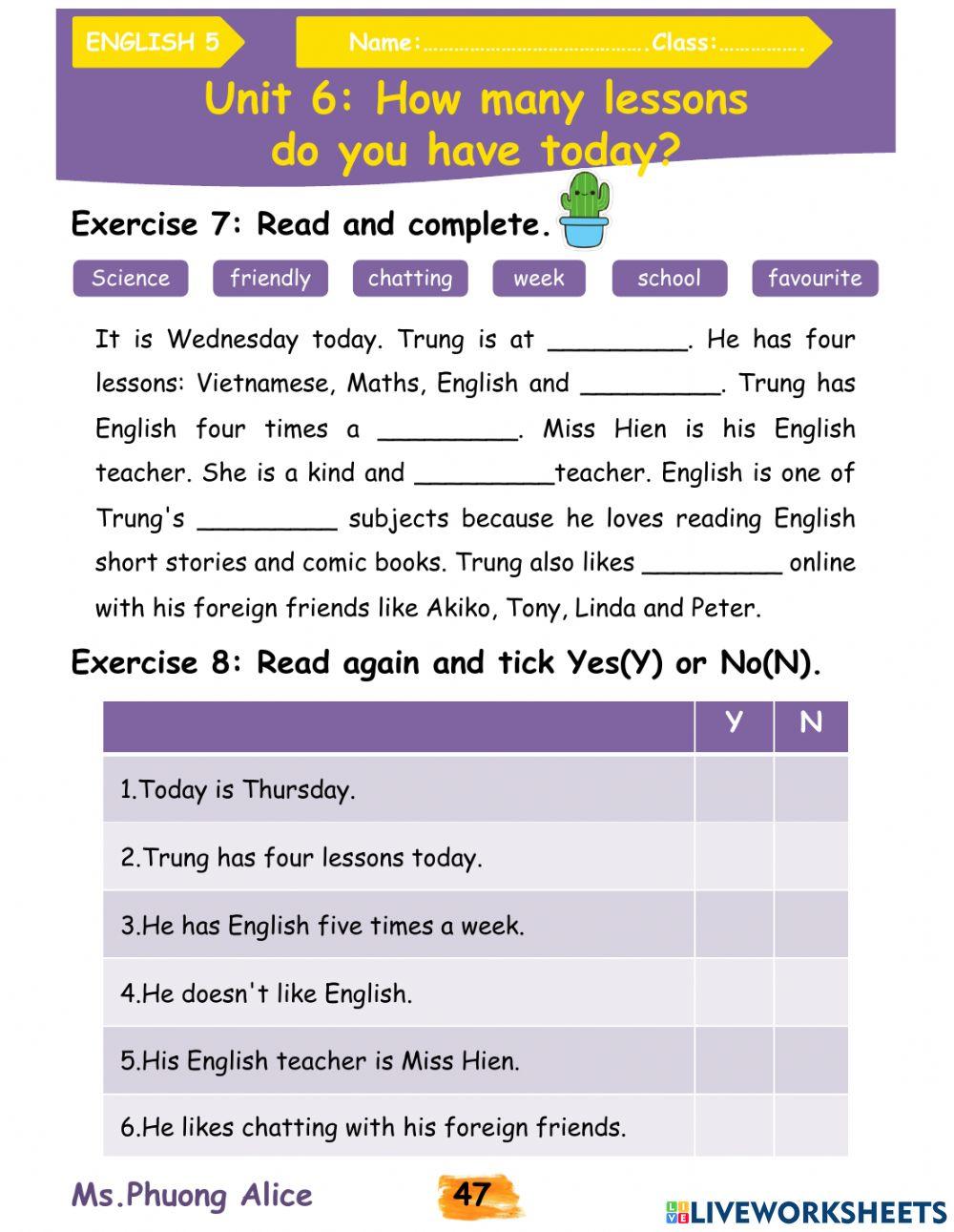 E5-U6-How many lessons do you have today? worksheet | Live Worksheets