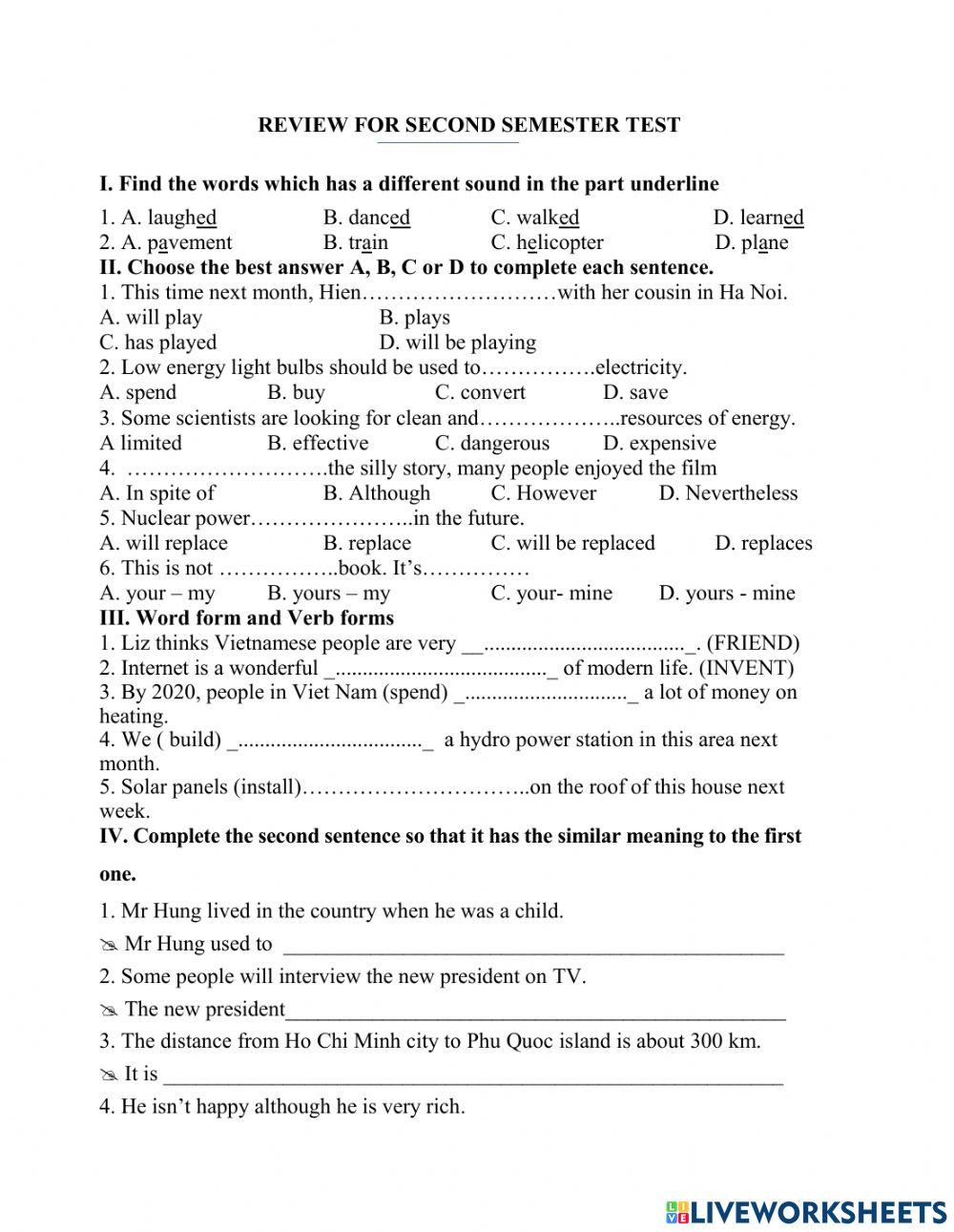 Sample test 1 grade 7 semester 2 worksheet | Live Worksheets