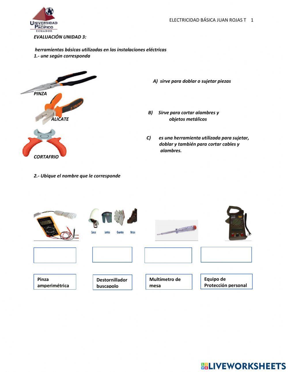 Herramientas básicas para instalaciones eléctricas worksheet | Live Worksheets
