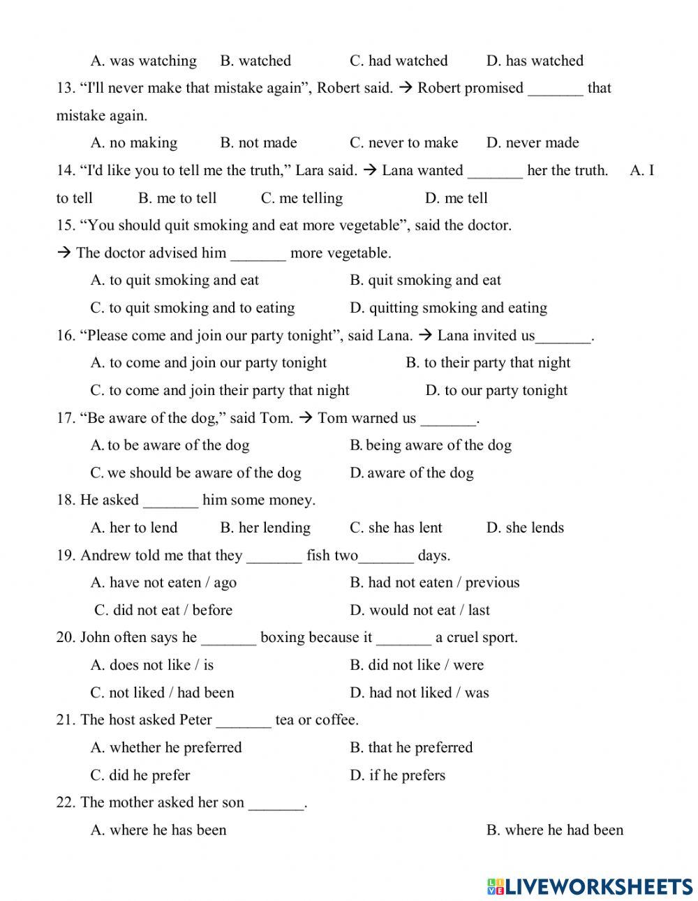 Reported speech online exercise for 8 | Live Worksheets