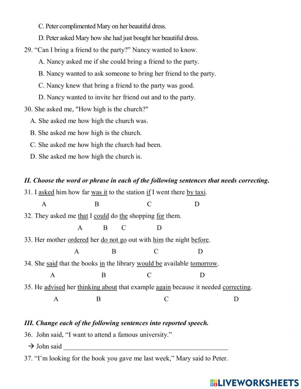 Reported speech online exercise for 8 | Live Worksheets