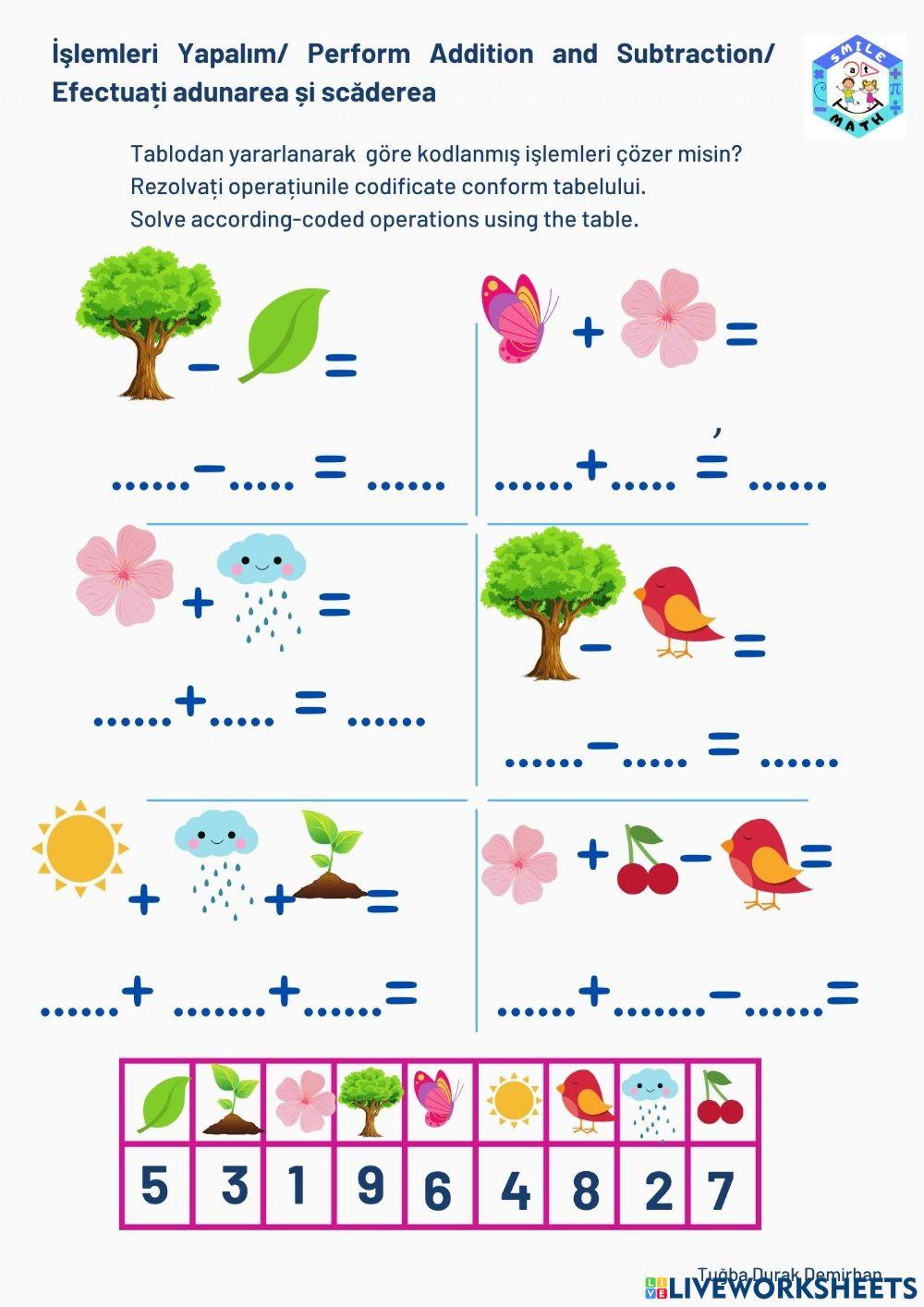Addittion and subraction coding worksheet | Live Worksheets