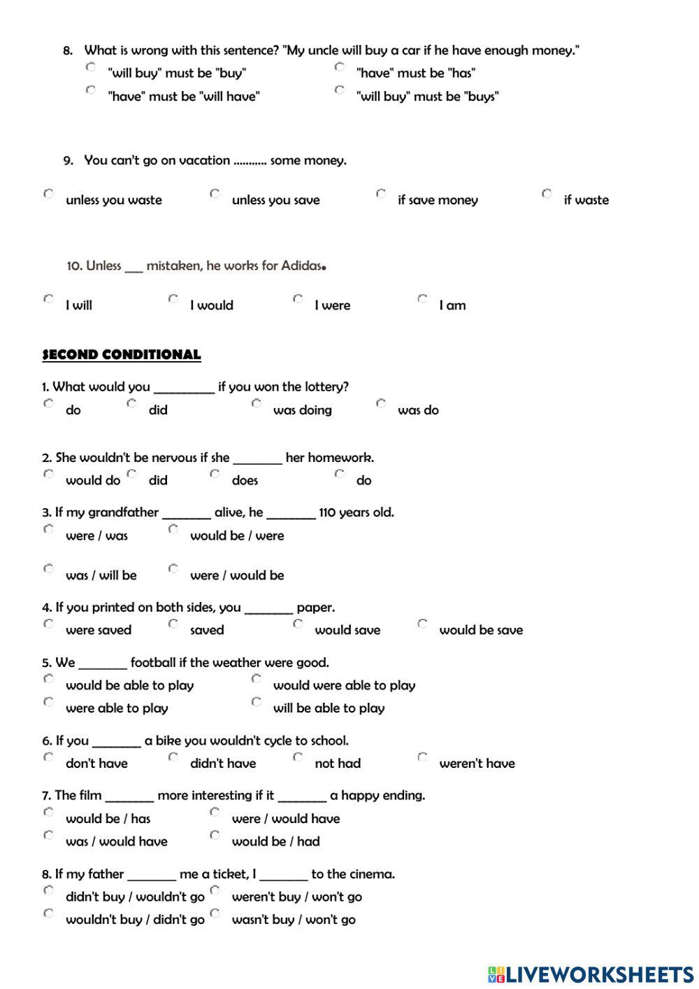 Evaluation: conditionals worksheet | Live Worksheets