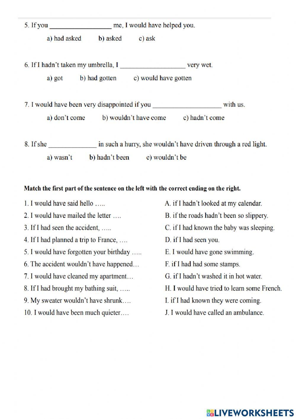 Evaluation: conditionals worksheet | Live Worksheets
