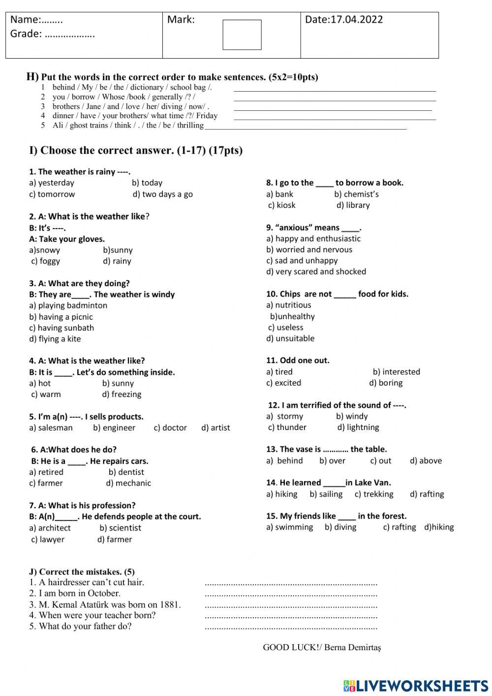 Quiz 22-6th Grade worksheet | Live Worksheets