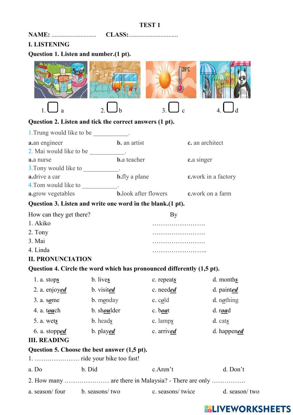 Test 1 for grade 5 | huetamcuong | Live Worksheets
