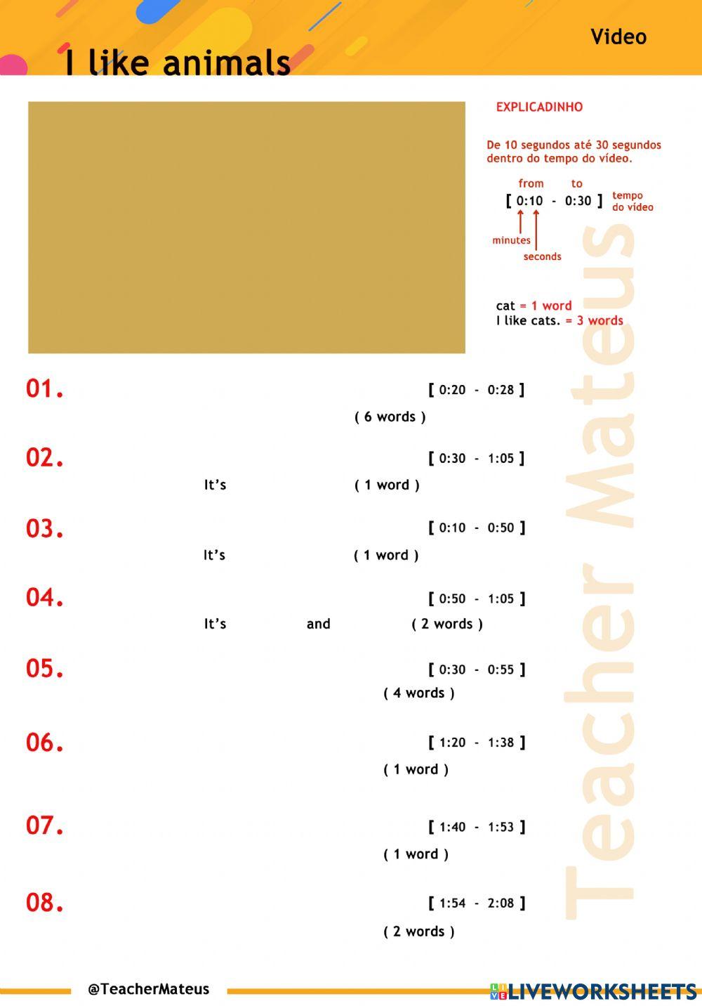 1996228 | Video - I like animals - A1 | Teacher Mateus